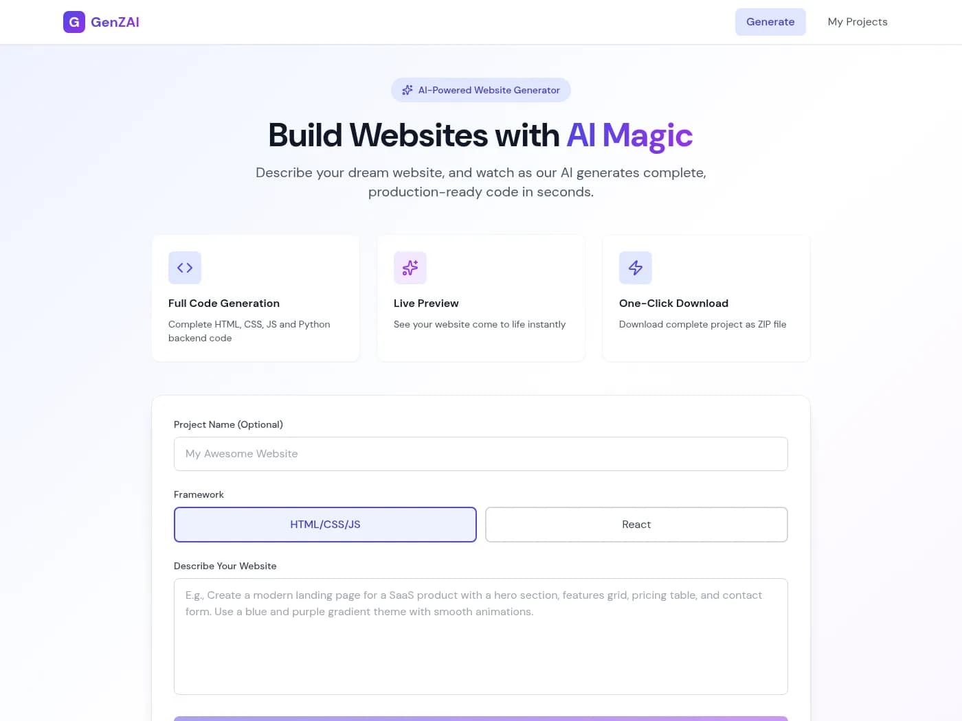 GenZAI AI Website Builder Platform (Python + React)