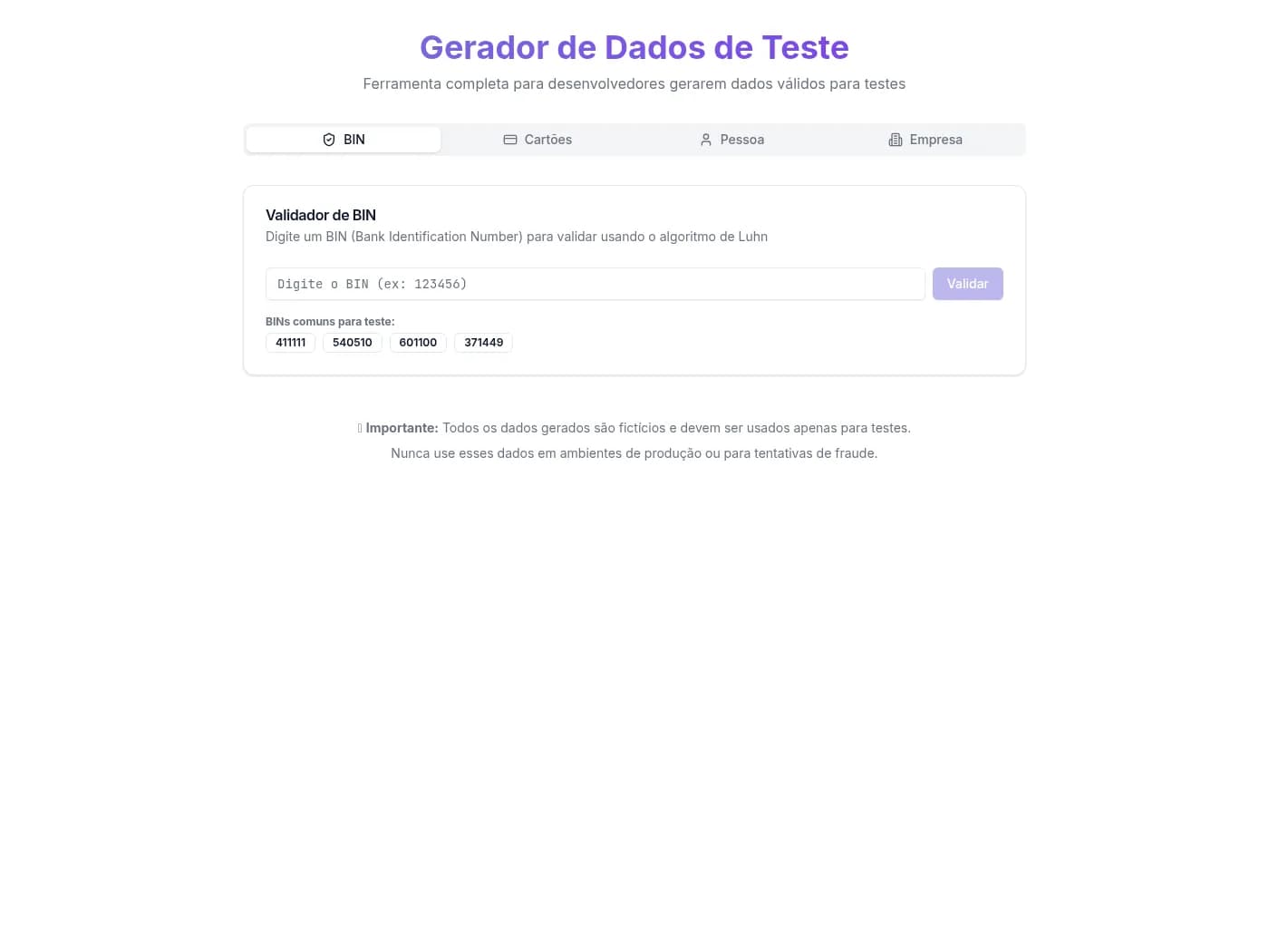 Gerador de Dados de Teste para Desenvolvimento de Softwares