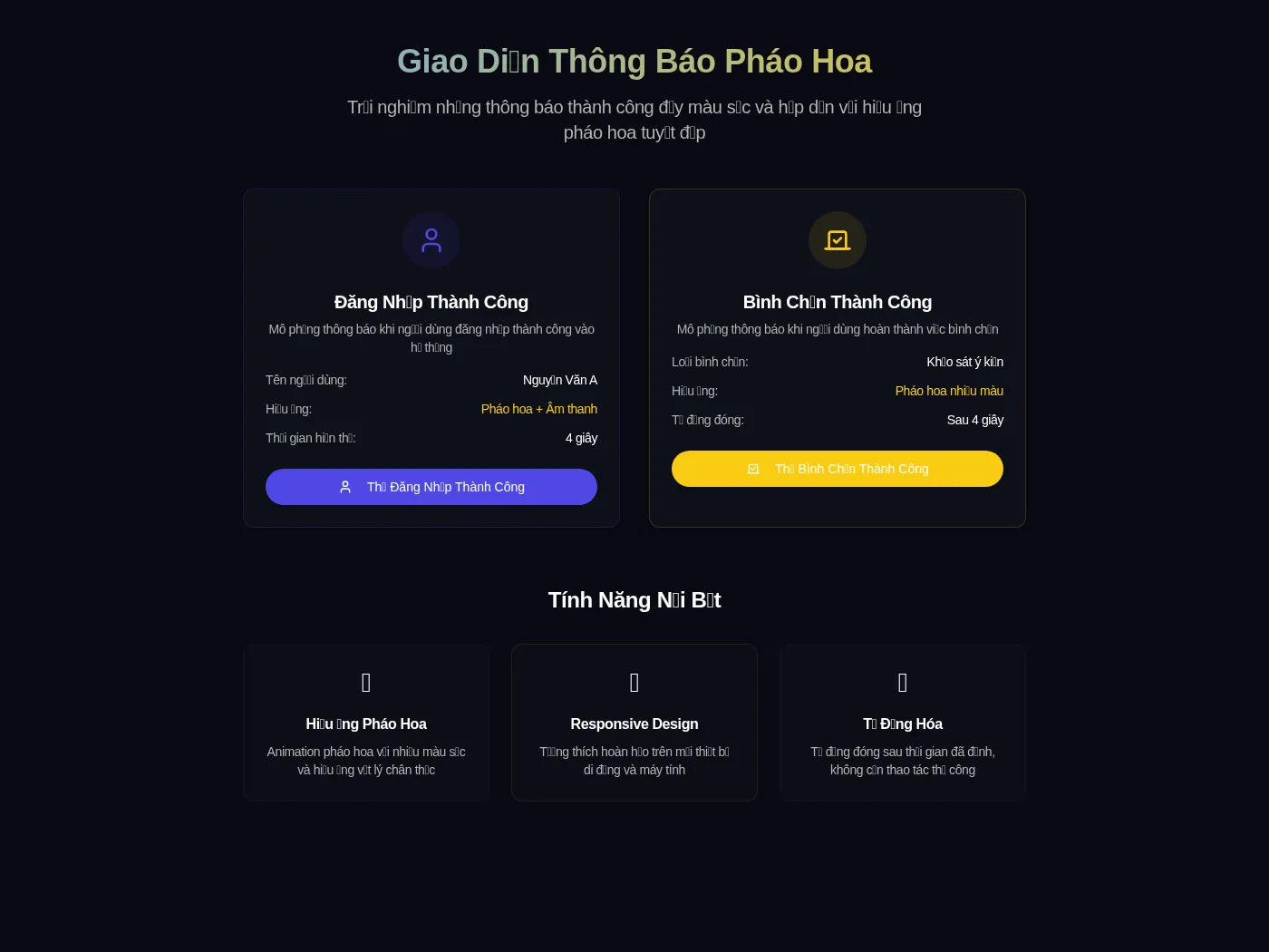 Giao Diện Thông Báo Đăng Nhập và Bình Chọn Thành Công Với Hiệu Ứng Pháo Hoa