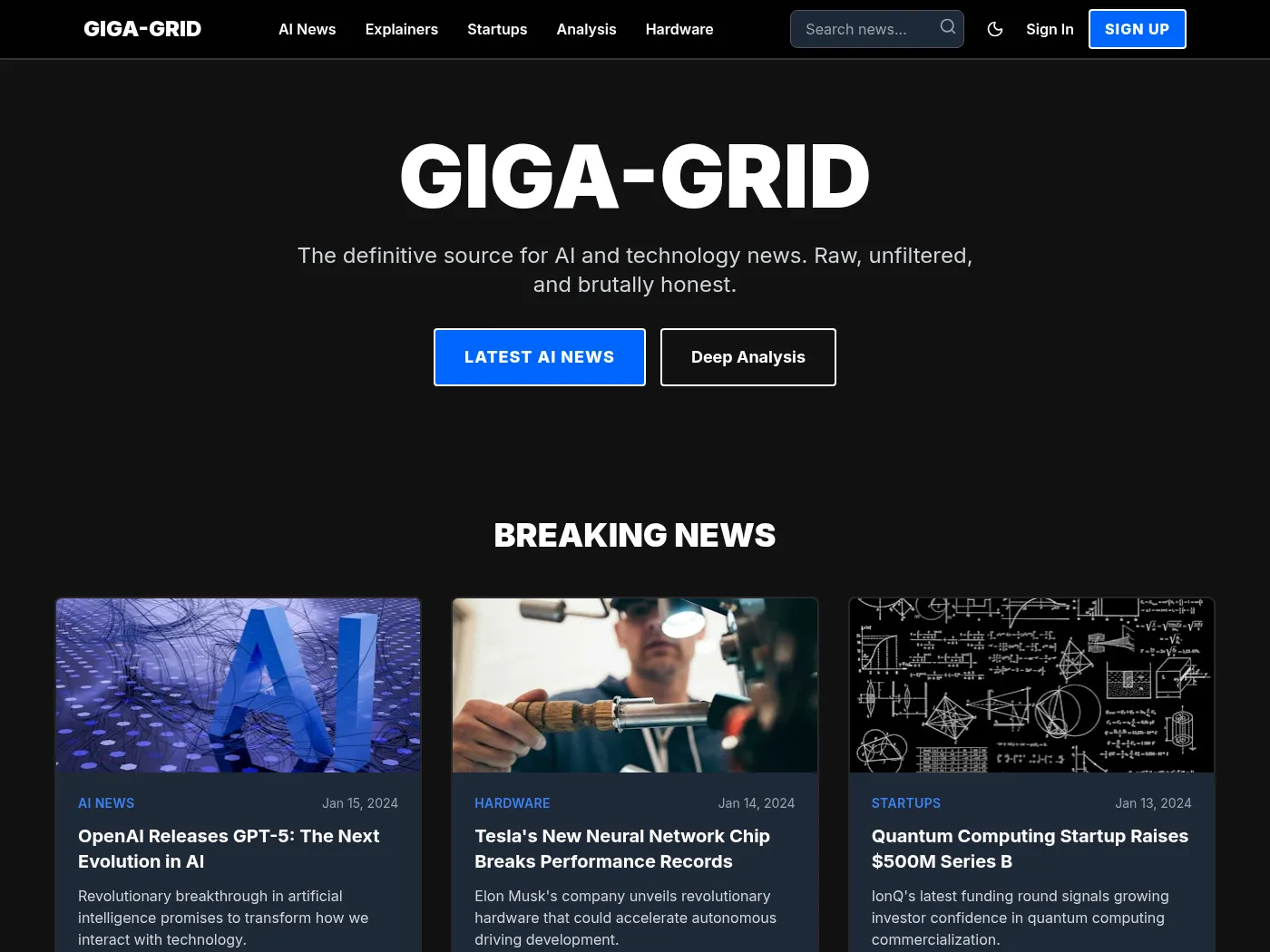 Giga-Grid: Brutalist AI & Tech News Single-File Website