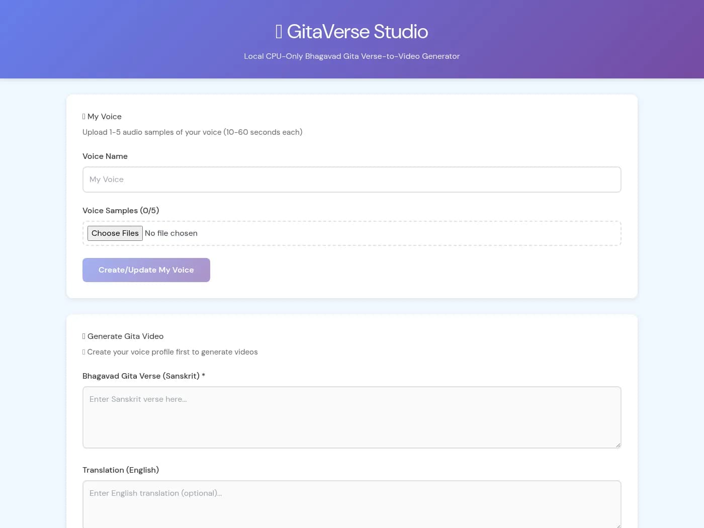 GitaVerse Studio: Local CPU-Only Personalized Bhagavad Gita Verse-to-Video Generator