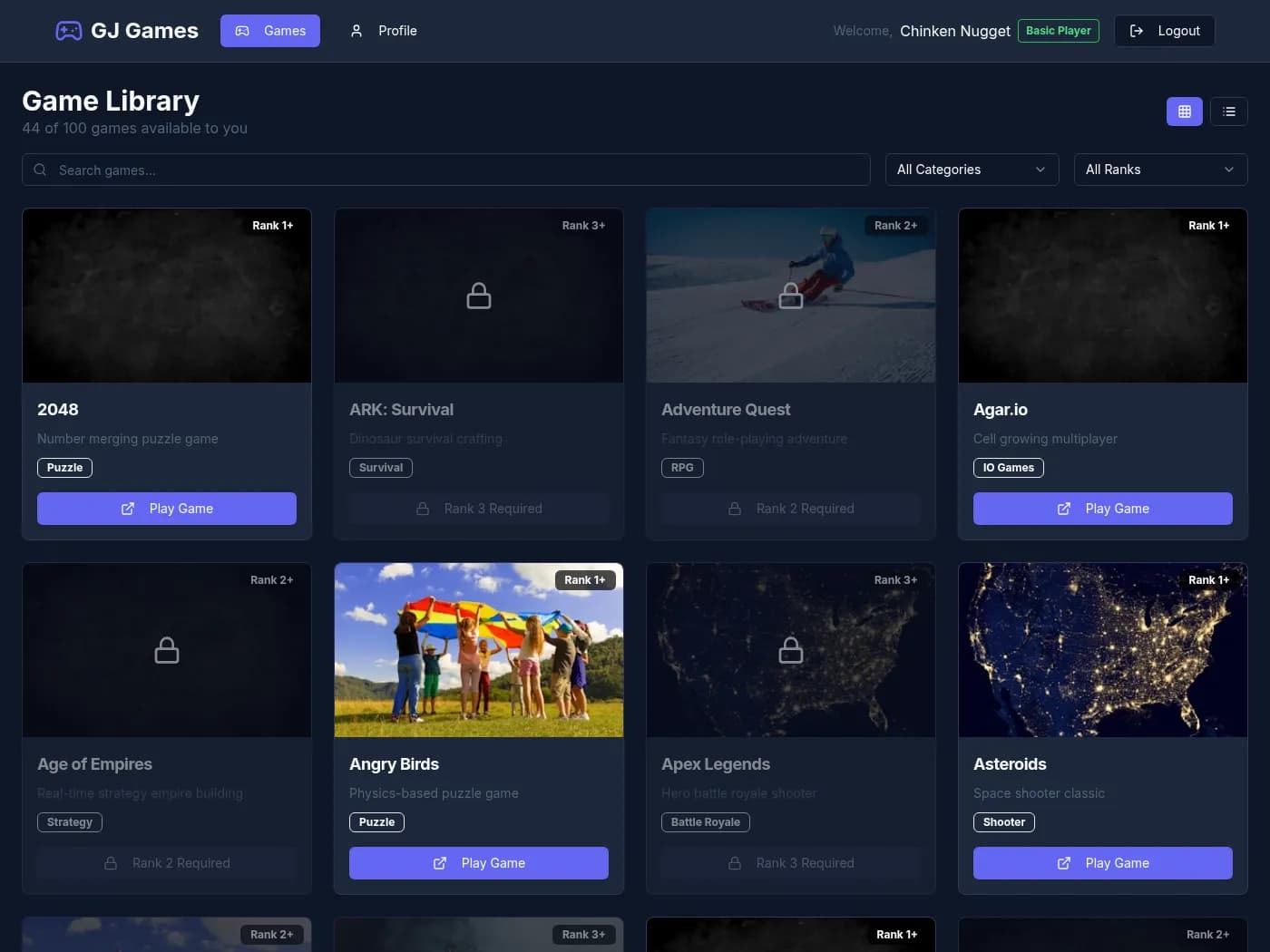 GJ Games: Multi-Rank Secure Online Gaming Platform