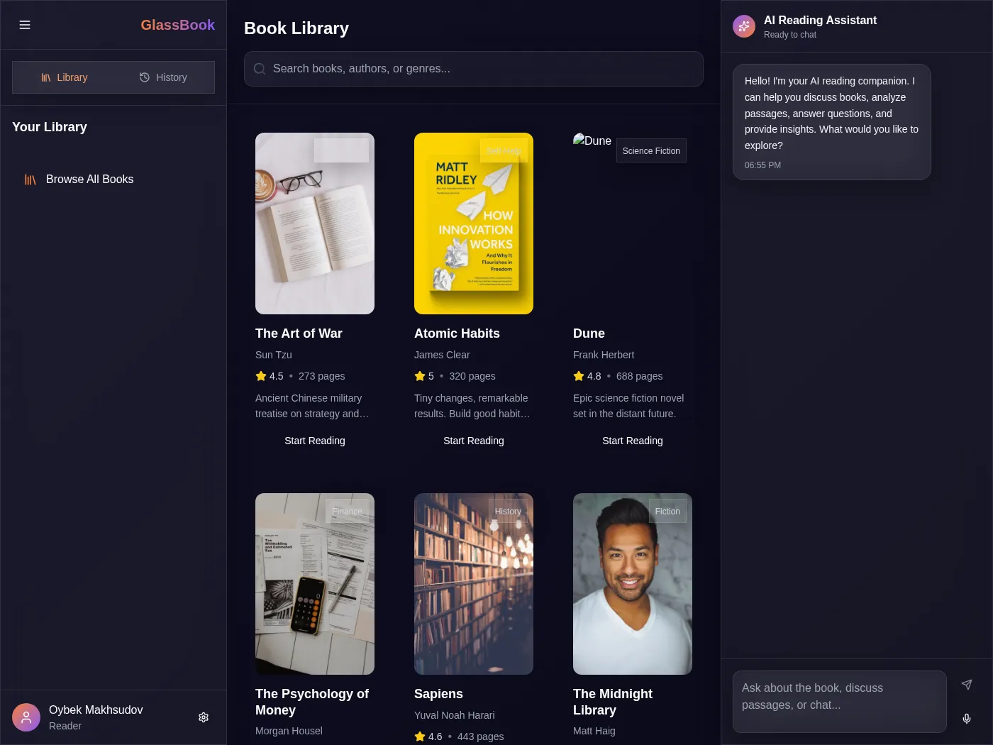GlassBook: AI-Powered Modern Book Reader & Chat Assistant