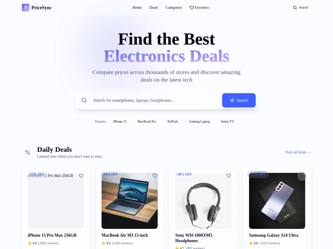 Glassmorphic Electronics Price Comparison Website Interface