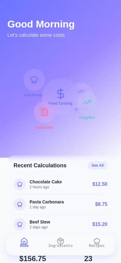 Glassmorphic Food Costing Mobile App