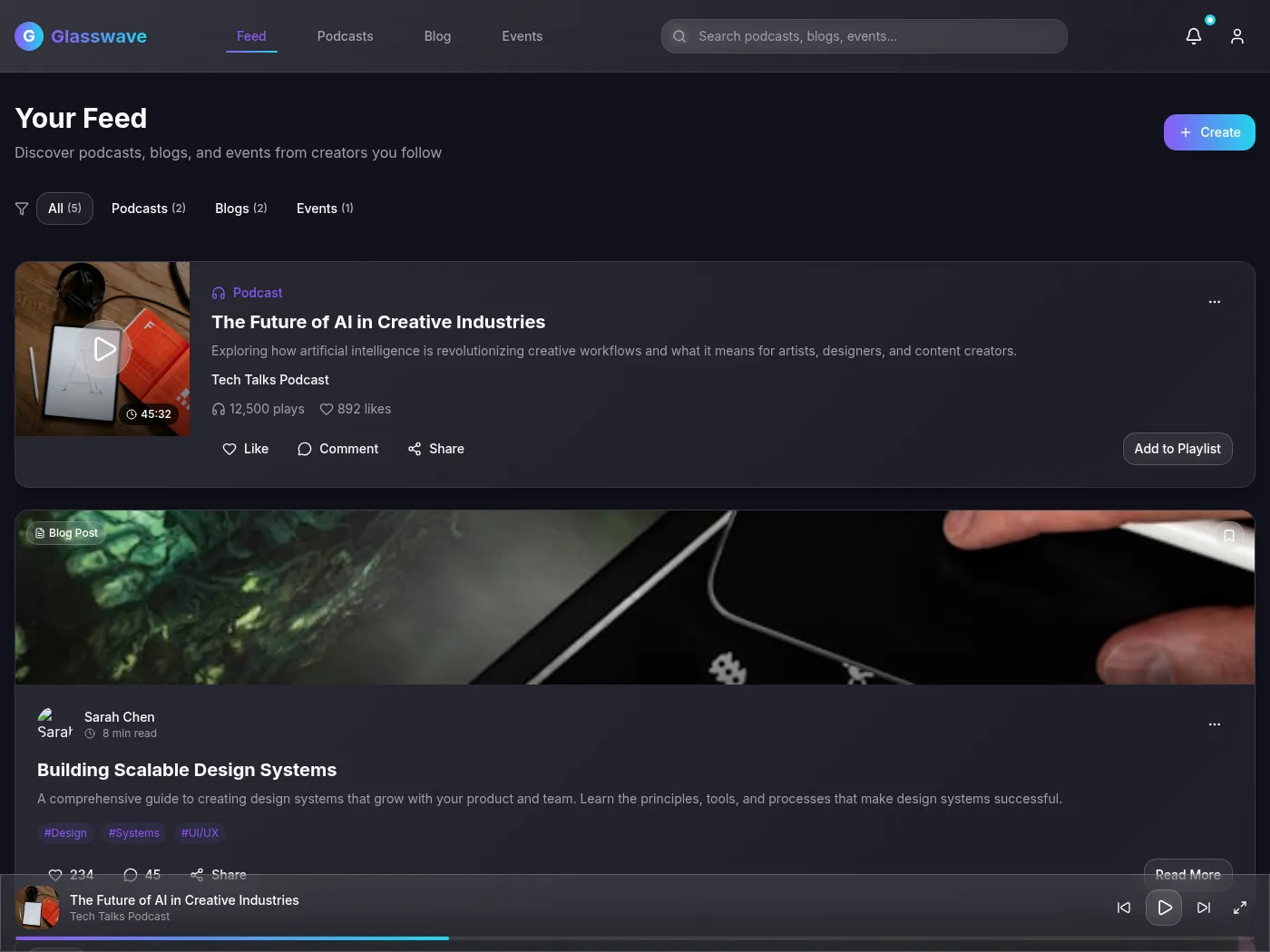 Glasswave: Modern Podcast, Blog, Social & Events Platform