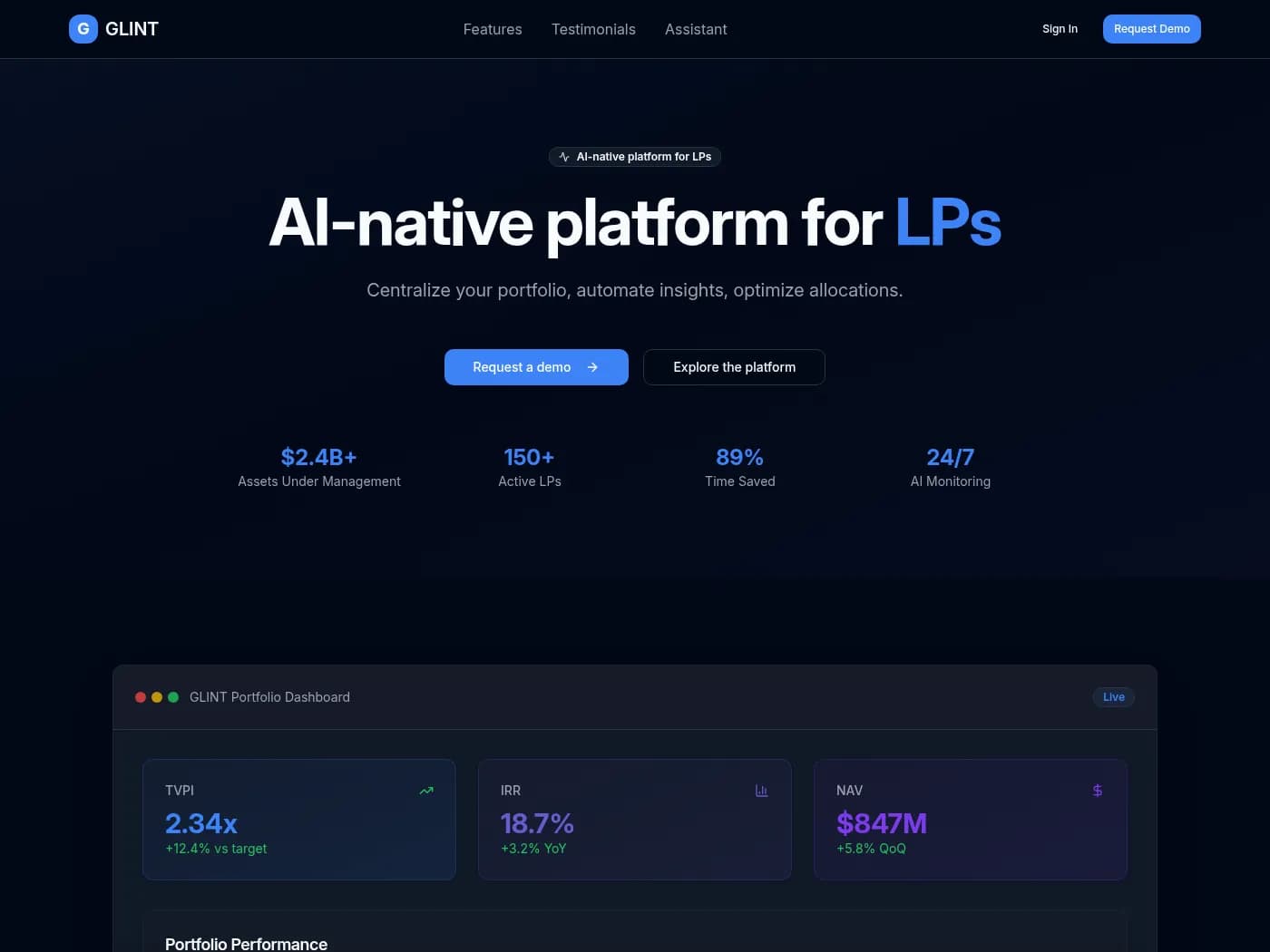 GLINT AI-Native LP Platform Landing Page