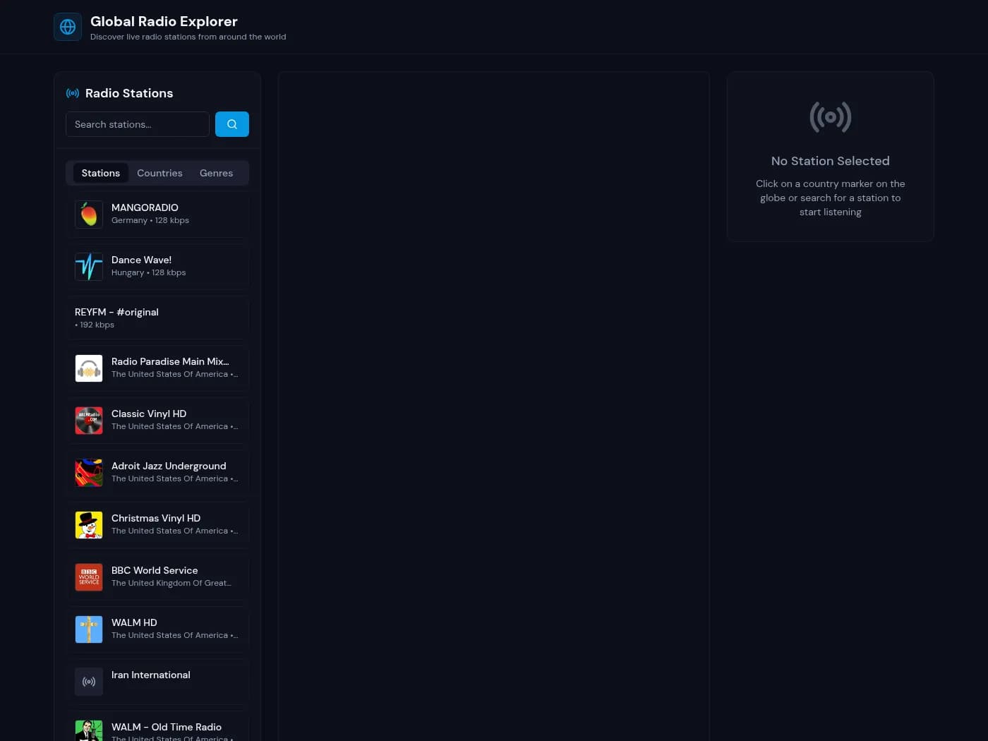 Global Radio Station Explorer with 3D Globe Interface
