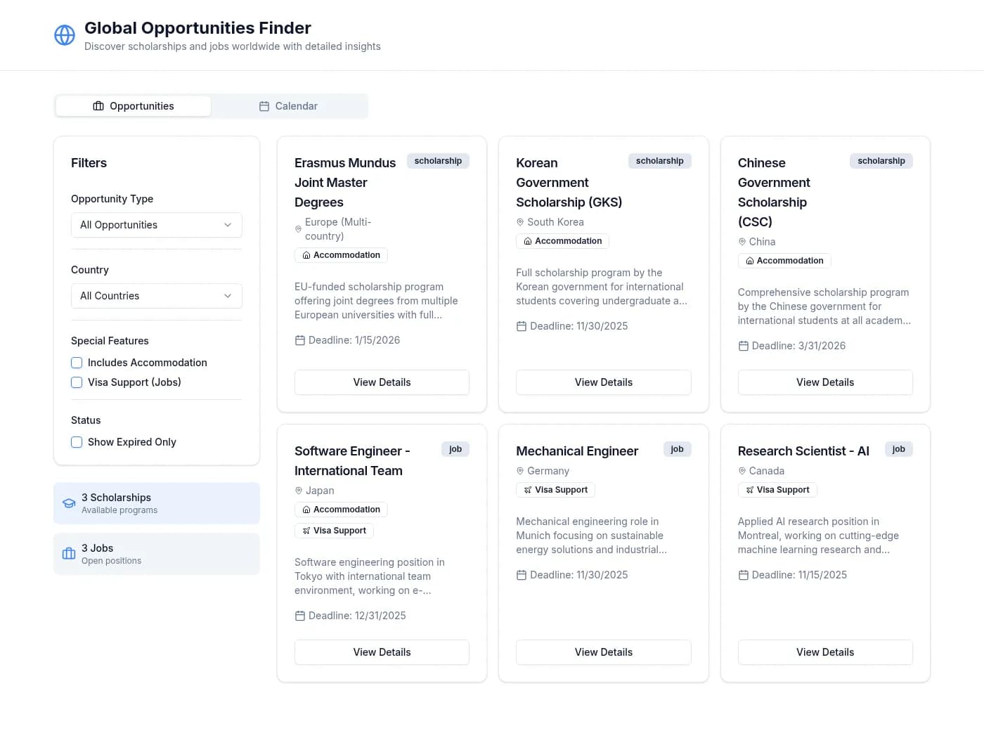 Global Scholarships & Job Finder with Pros, Cons, and Calendar Integration