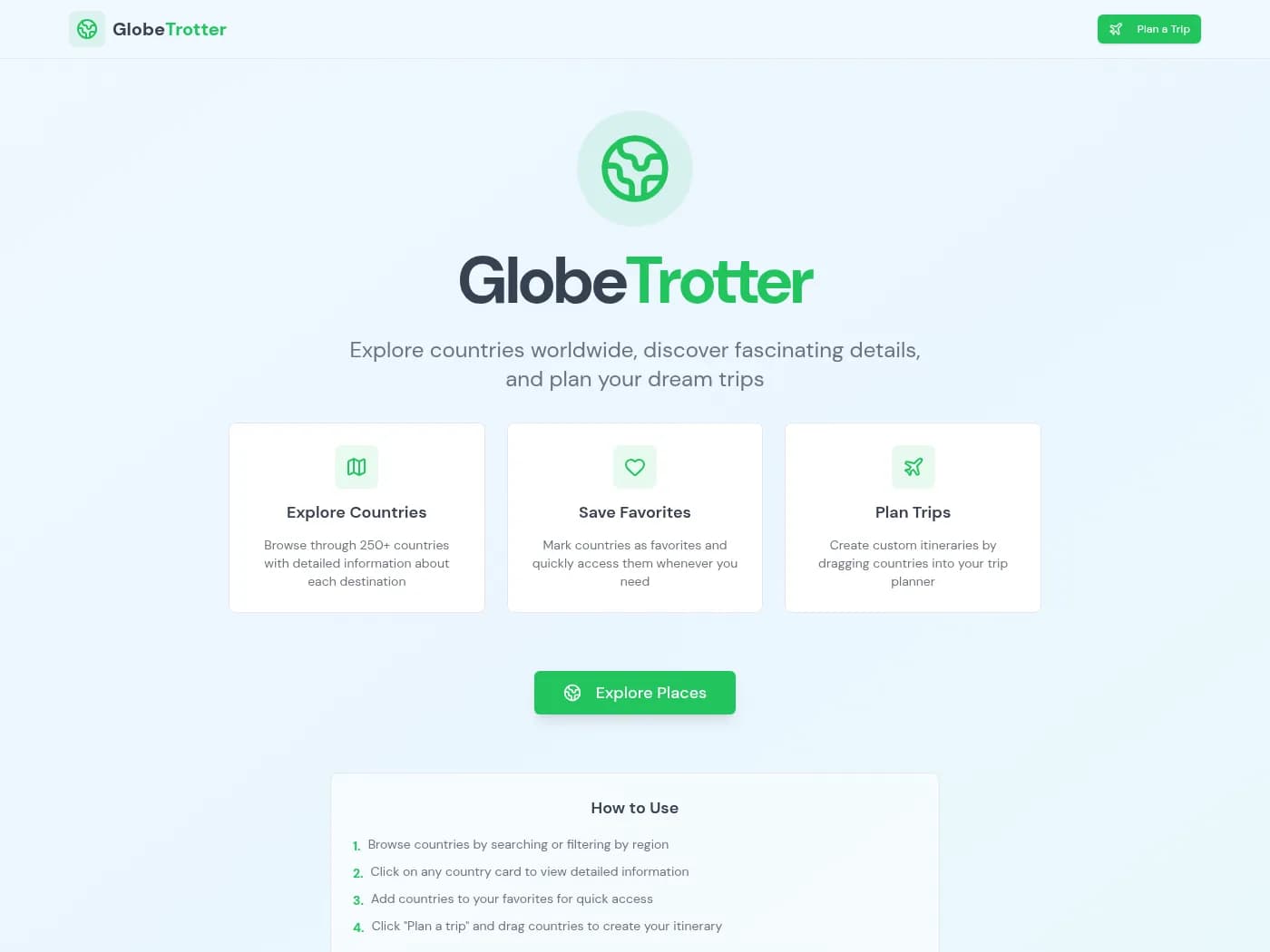 GlobeTrotter: Interactive Trip Planner & Country Explorer
