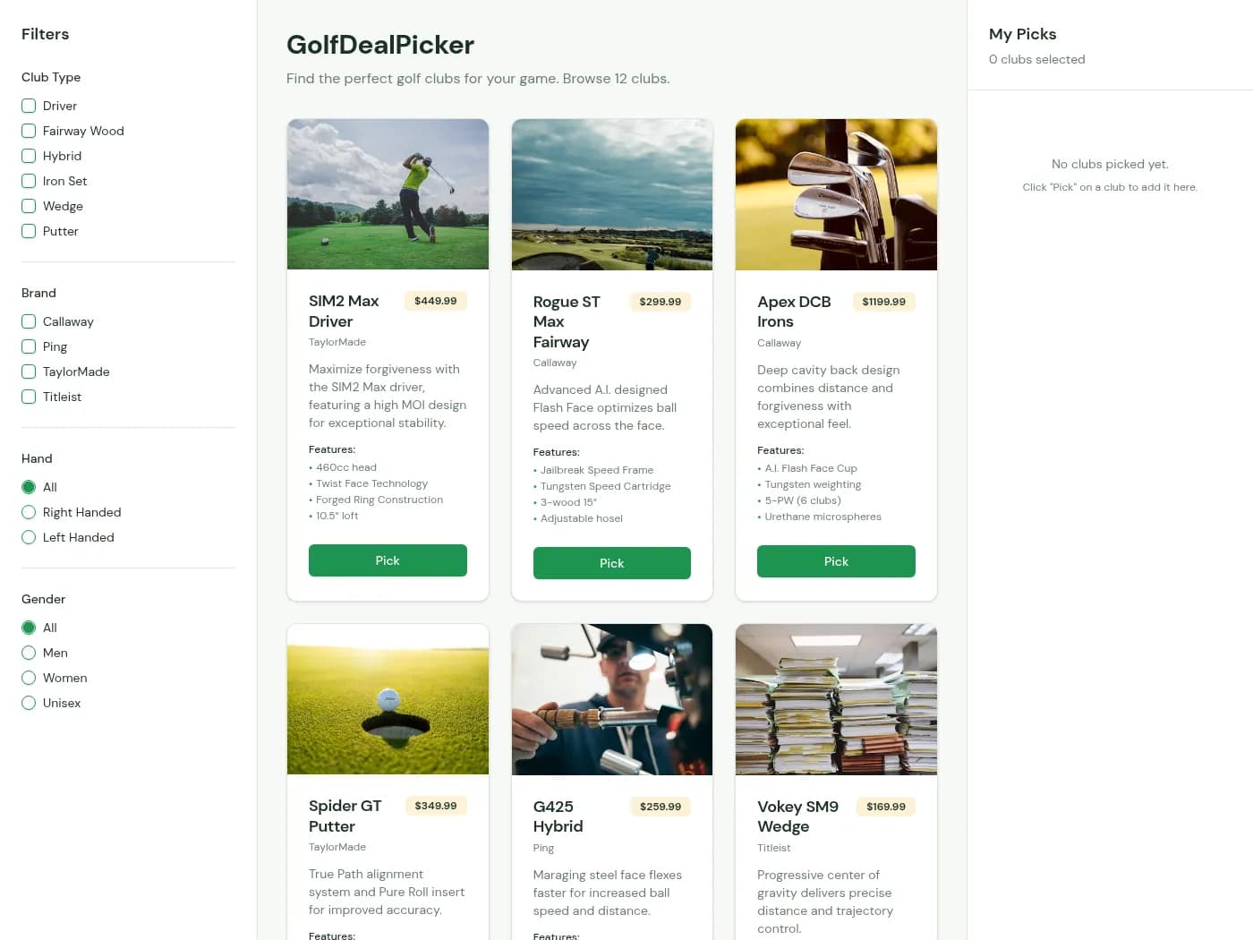 GolfDealPicker Website for Personalized Golf Club Selection