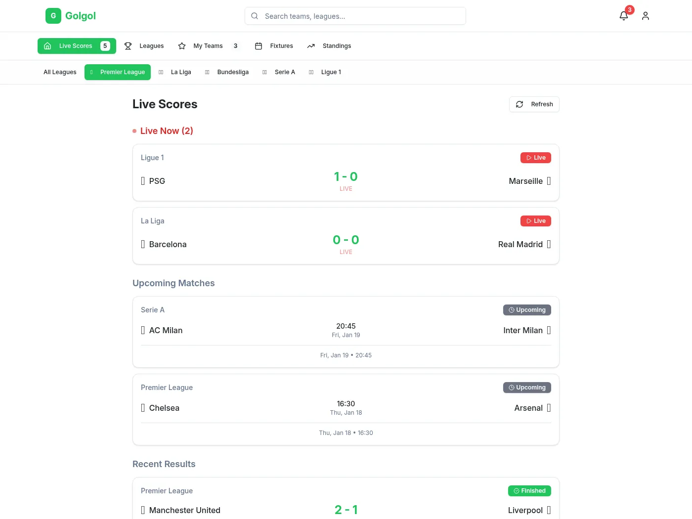 Golgol Sports Results Tracker