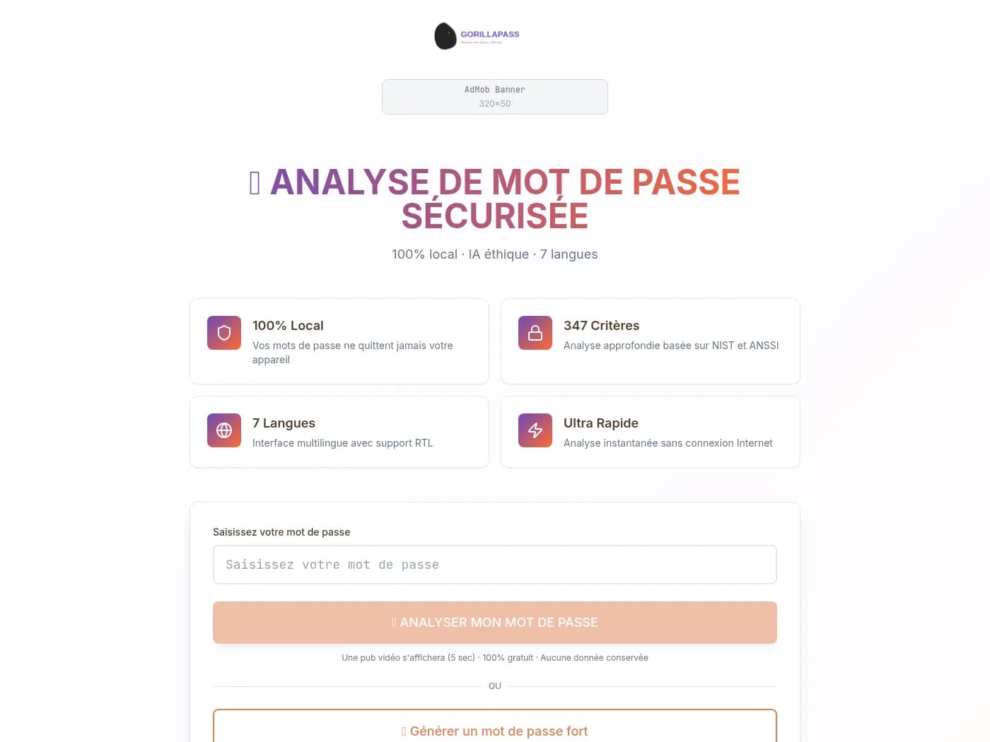 GorillaPass – Analyseur & Générateur de Mots de Passe Sécurisé, Multilingue et Local-First