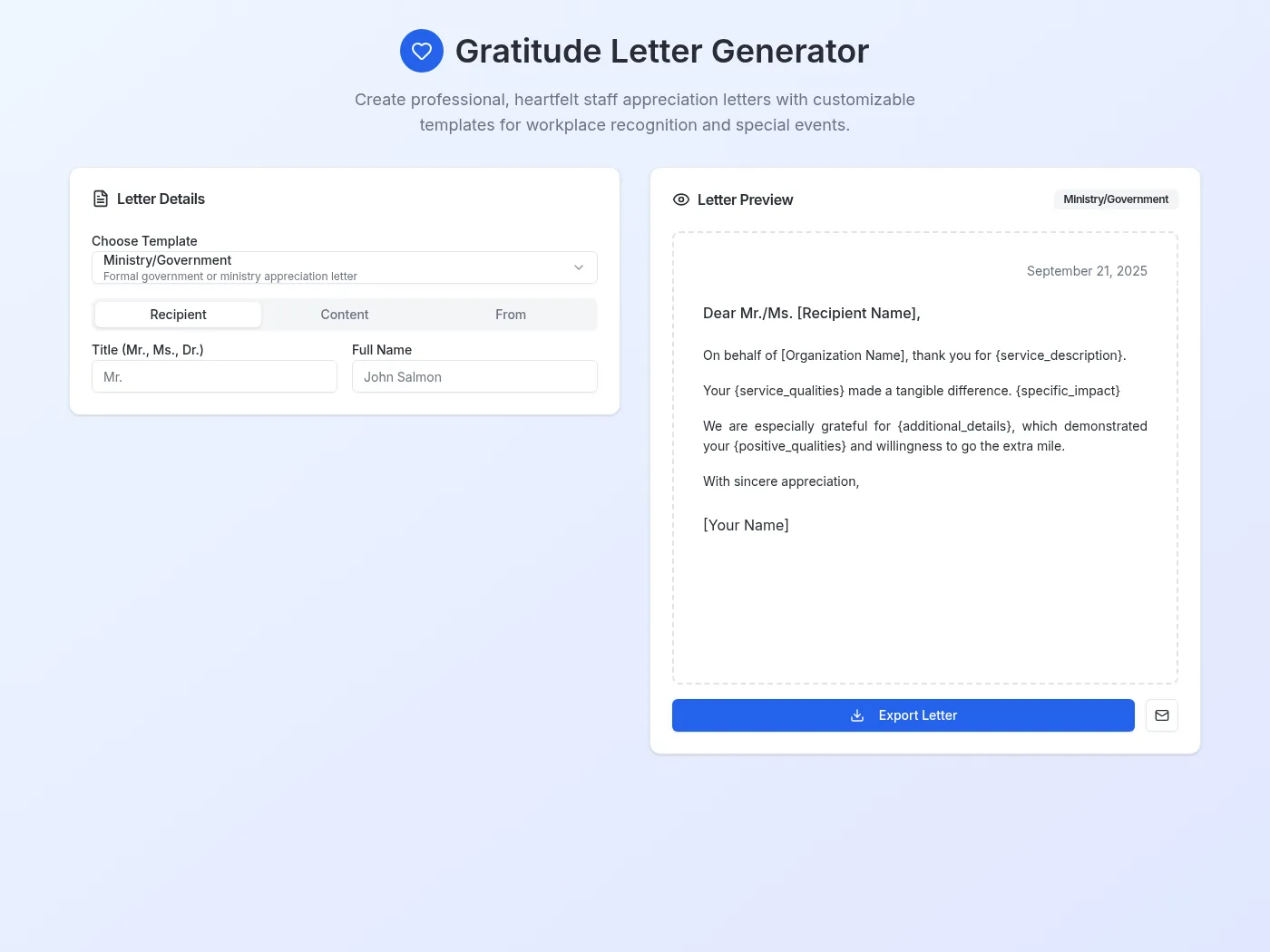 Gratitude Letter Generator for Staff Appreciation