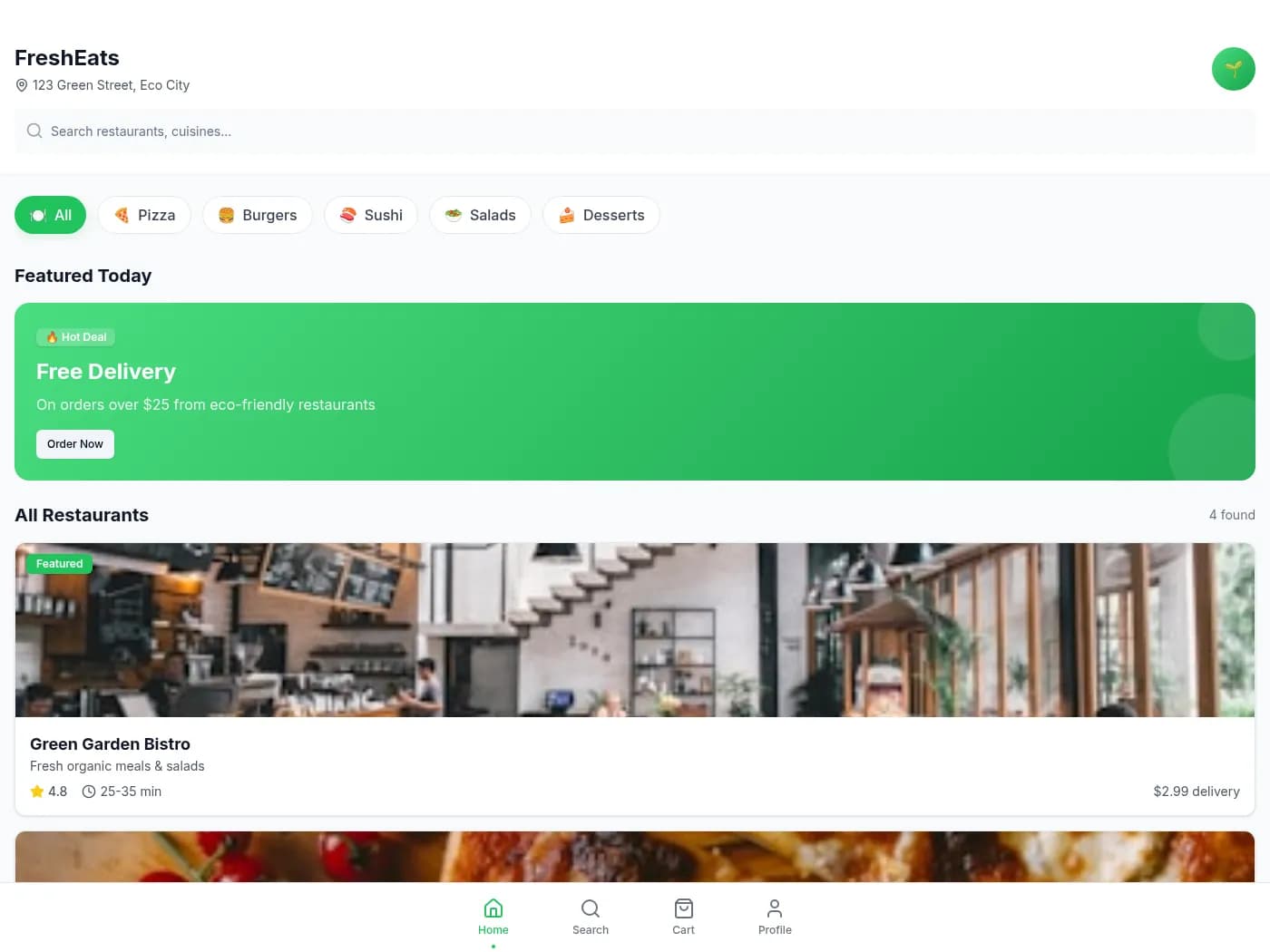Green-Themed Food Delivery App Design