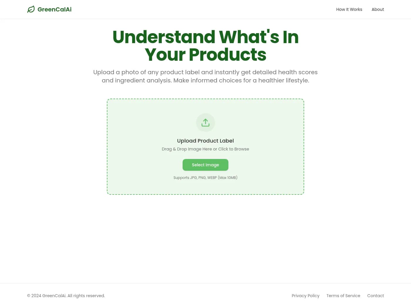 GreenCalAi – Minimalist Product Ingredient Analyzer Website