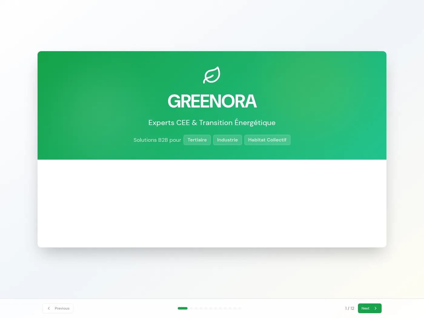 Greenora Sales Pitch Presentation Deck for Energy Efficiency Solutions (CEE, B2B, Case Studies, Pricing & Next Steps)