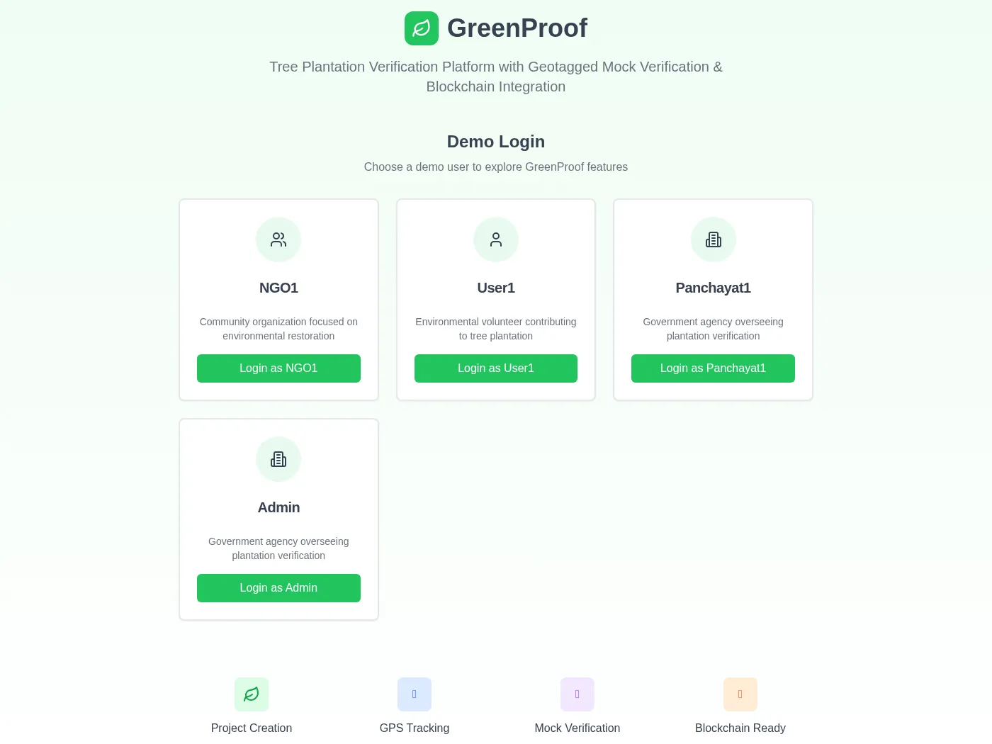 GreenProof – Tree Plantation MVP with Geotagged Mock Verification & Blockchain Hash