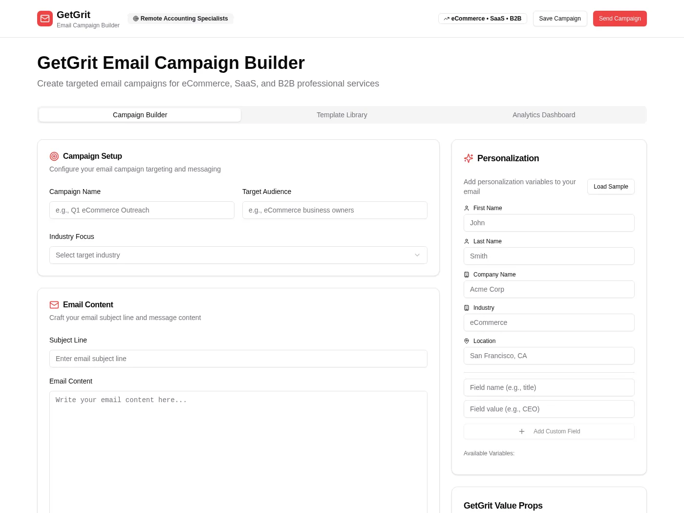 Grit Remote Accounting Email Campaign Builder