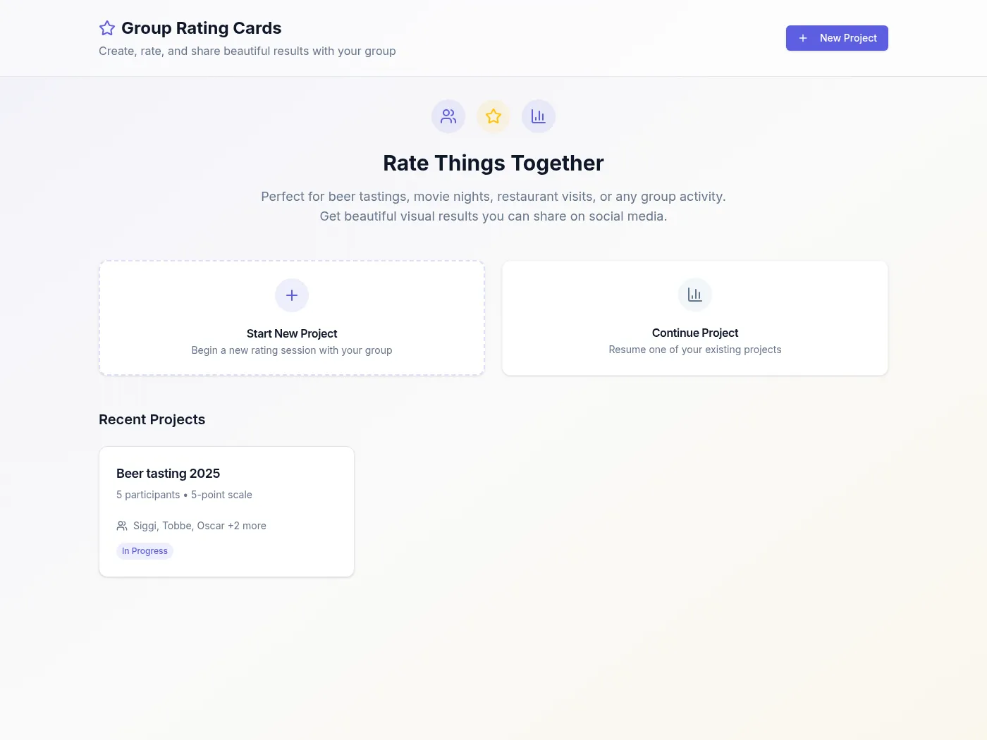 Shareable Group Rating Cards App