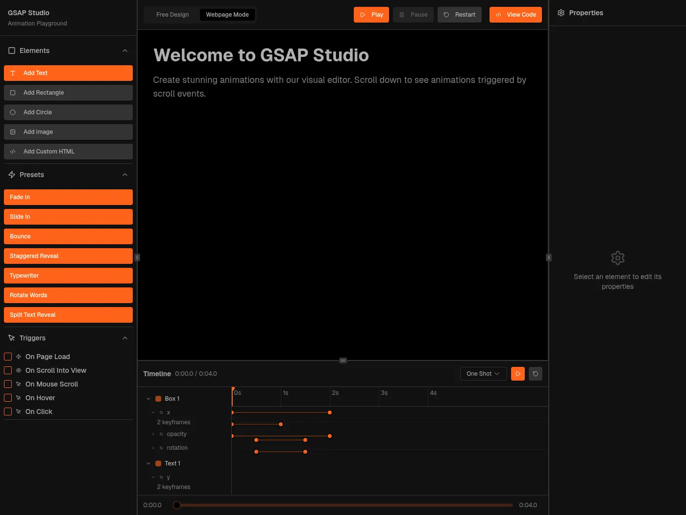GSAP Visual Editor – Playground for Web Animation Creation & Code Export