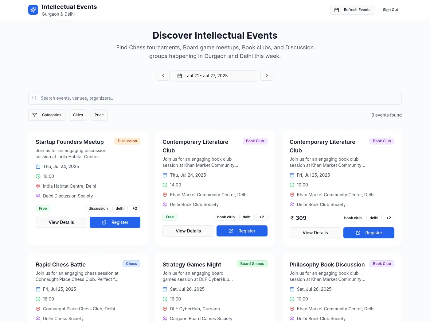 Gurgaon & Delhi Intellectual Events Finder