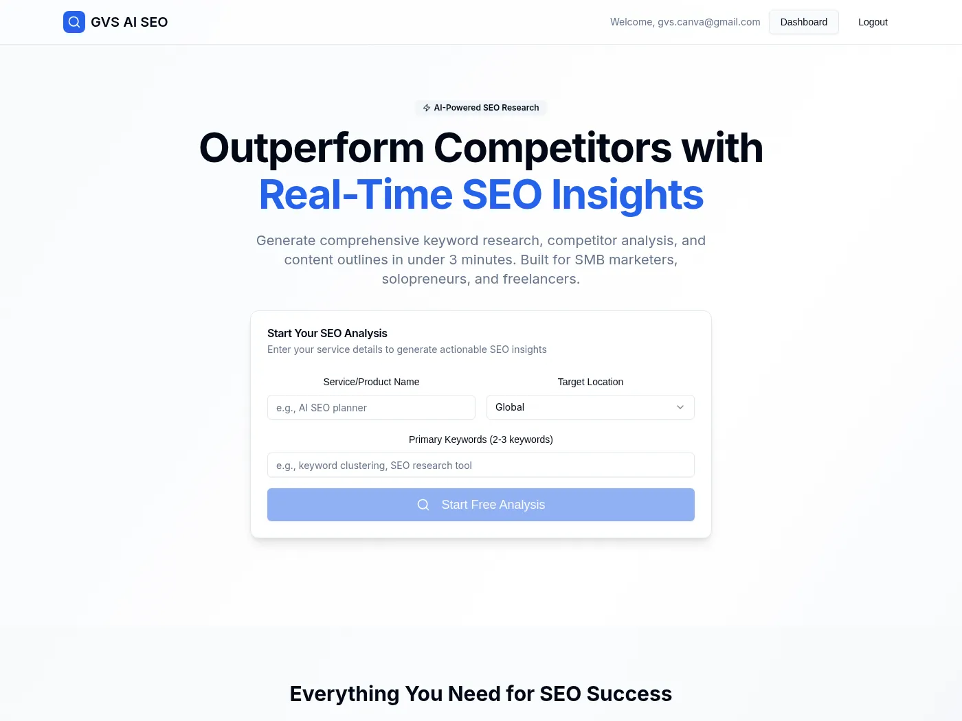 GVS AI SEO: Real-Time, Actionable SEO Research for SMBs & Freelancers