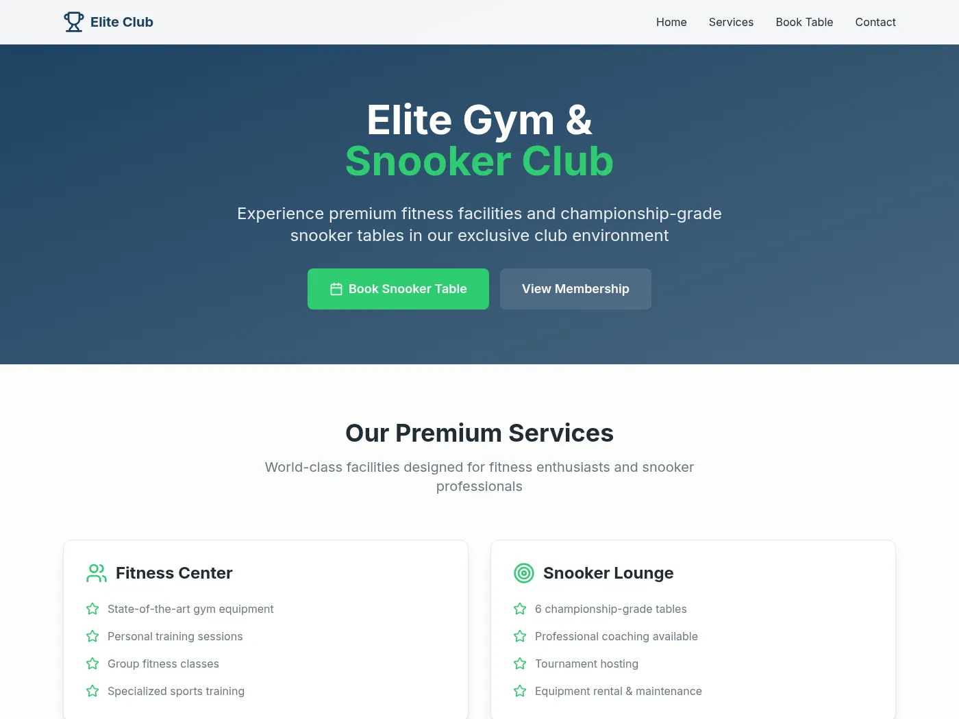 Gym & Snooker Club Landing and Booking Platform