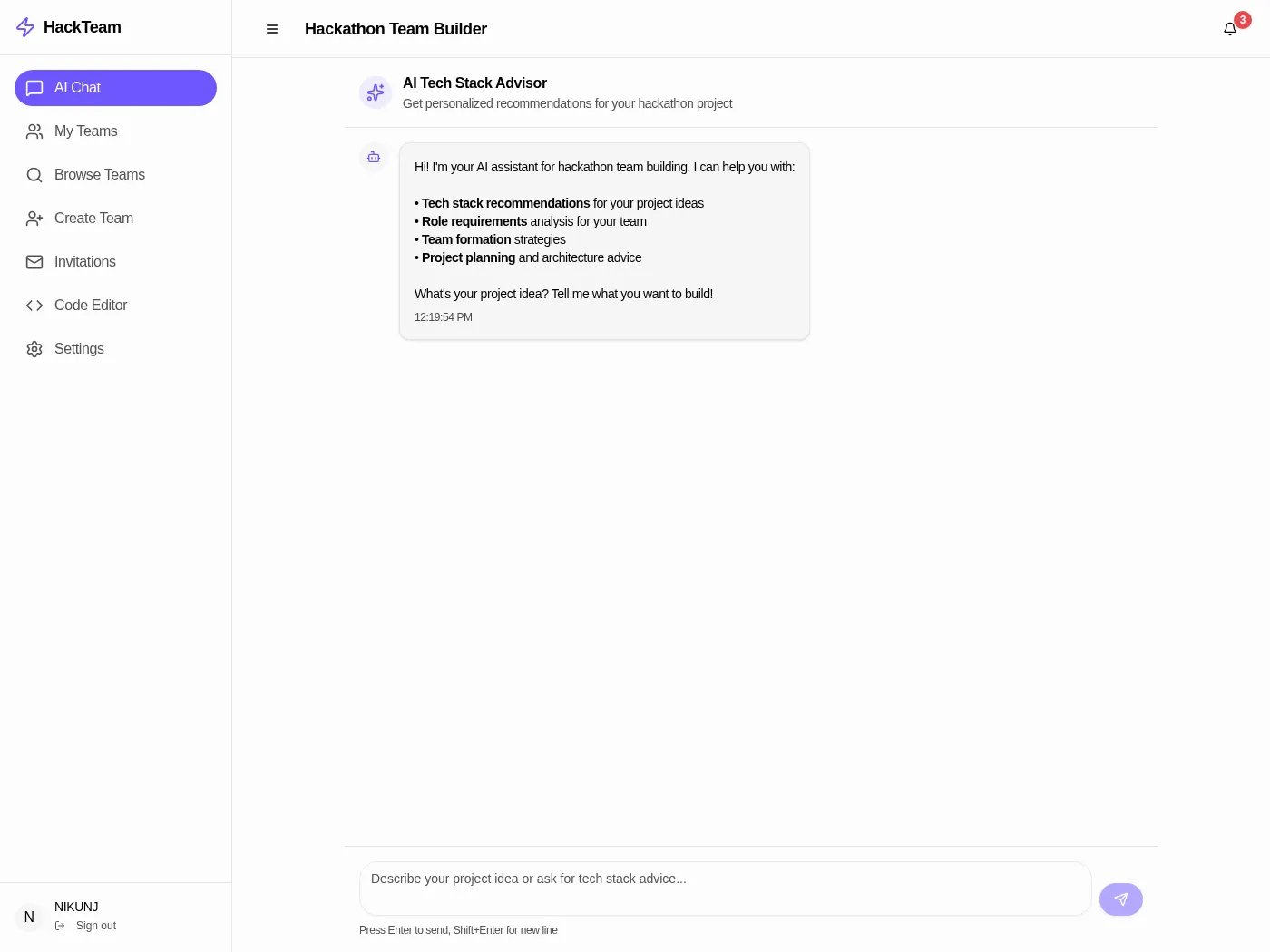 Hackathon Team Builder & AI Tech Stack Advisor