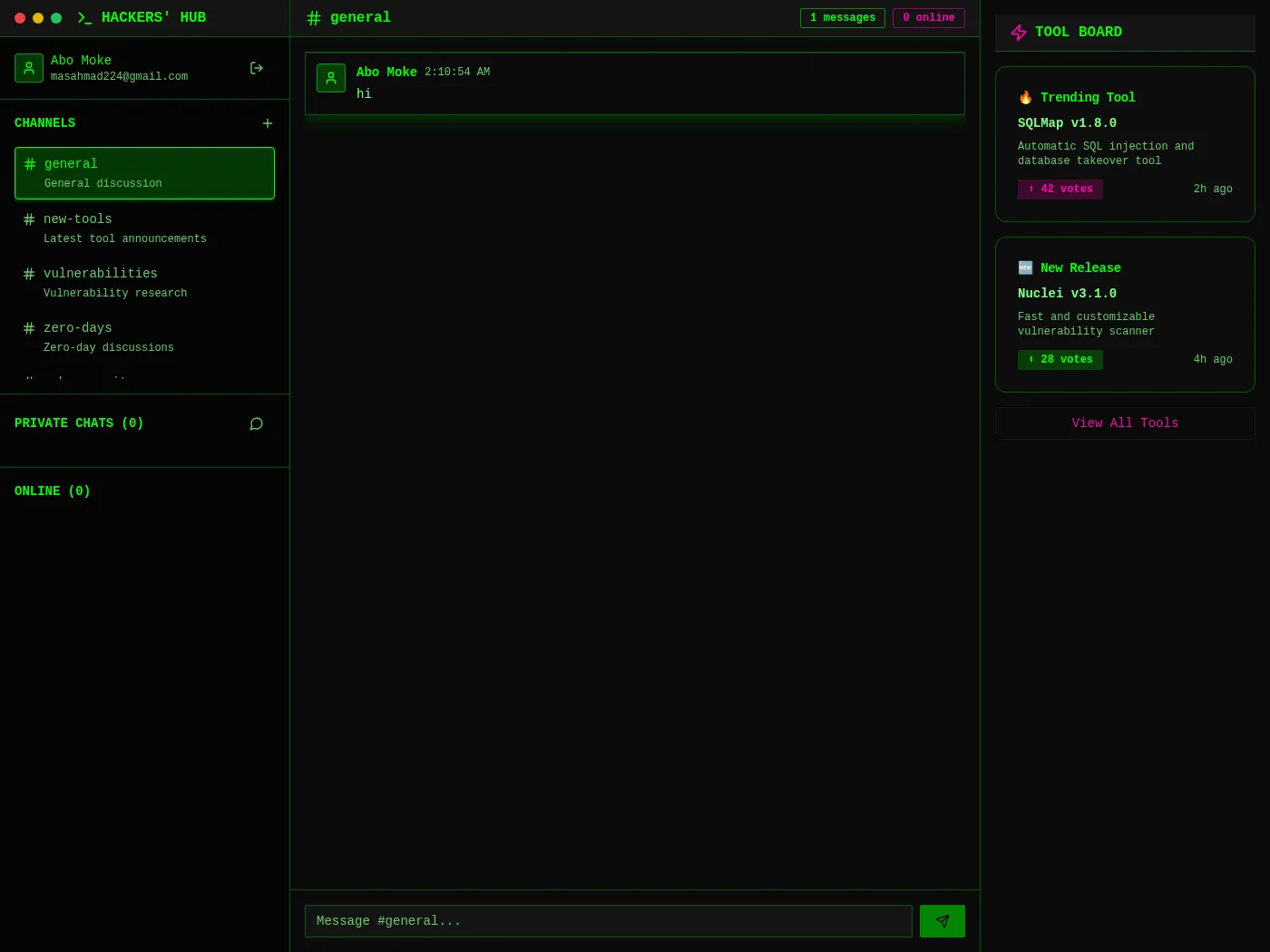 Hackers' Hub: Ethical Hacking Chat & Tool Platform
