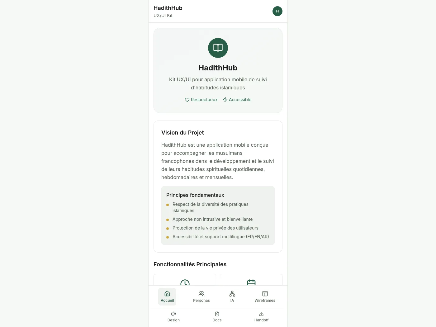 HadithHub – Islamic Habit Tracker UX/UI Kit for Francophone Muslims