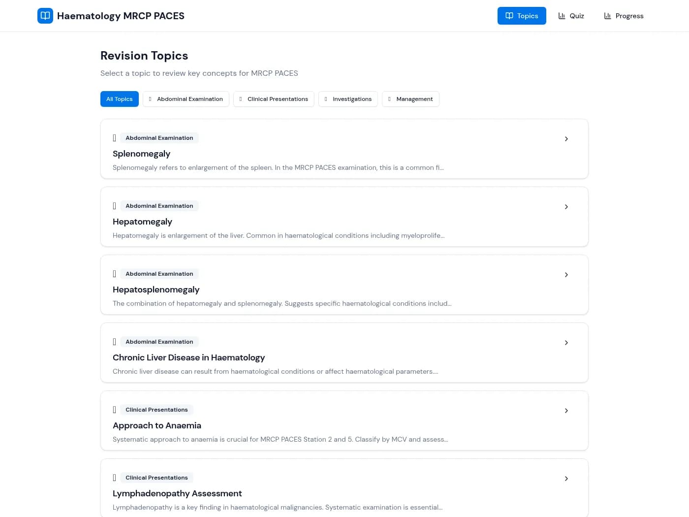 Haematology Revision App for MRCP PACES