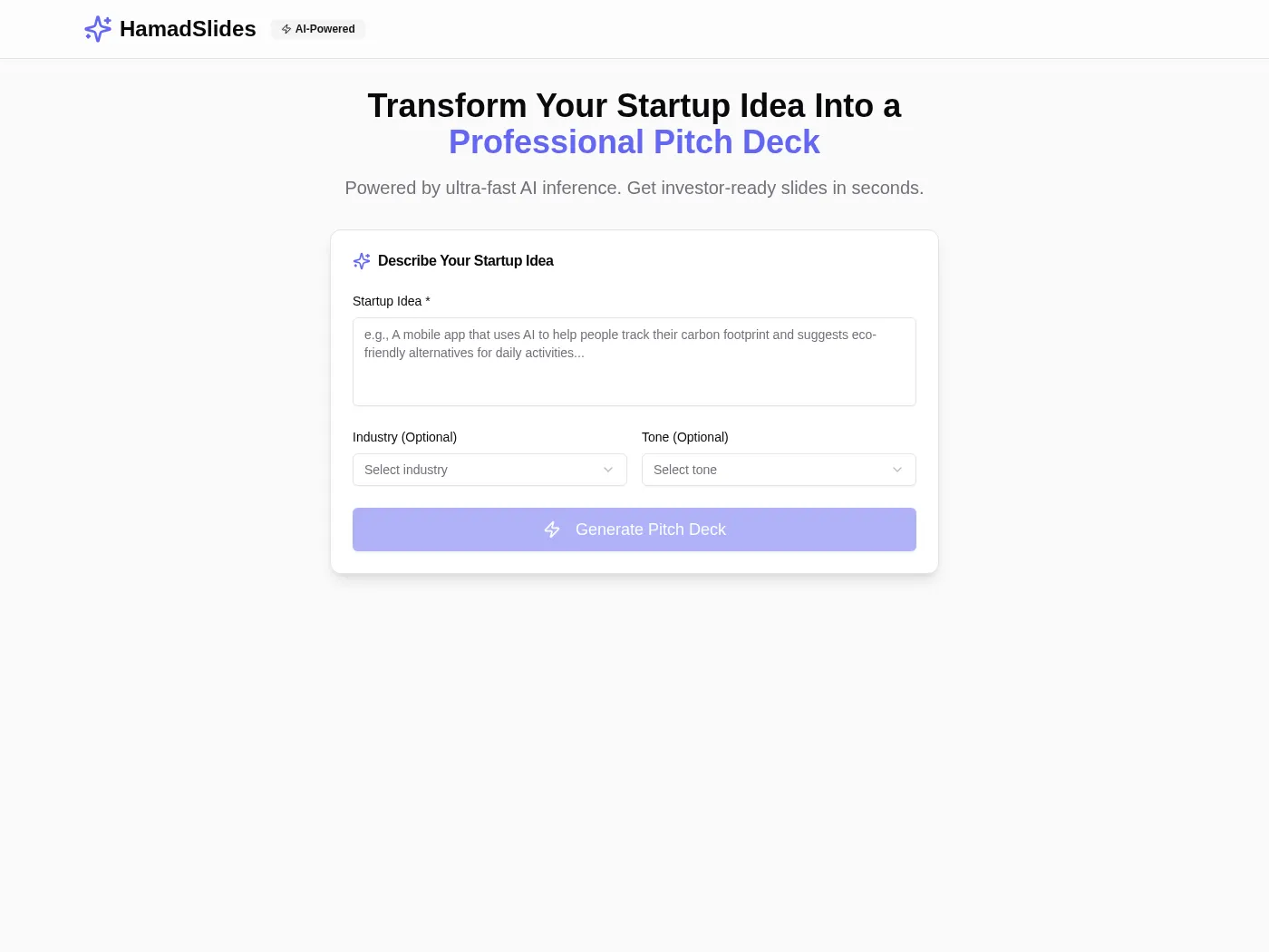 HamadSlides: Instant AI Pitch Deck Generator for Startup Founders