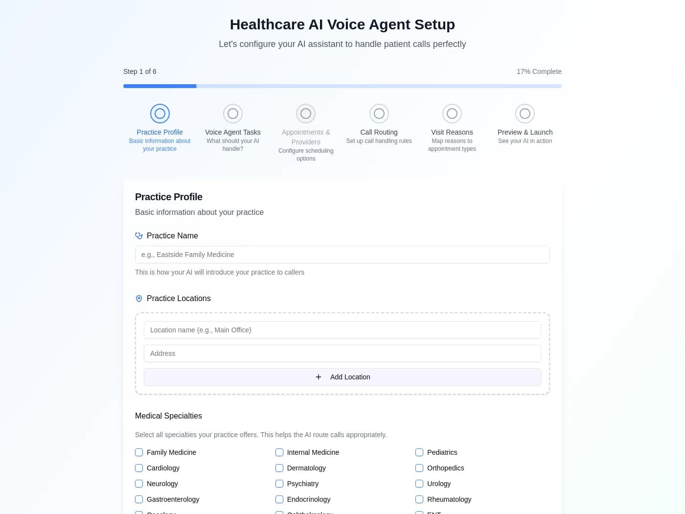 Healthcare AI Voice Agent Onboarding Wizard