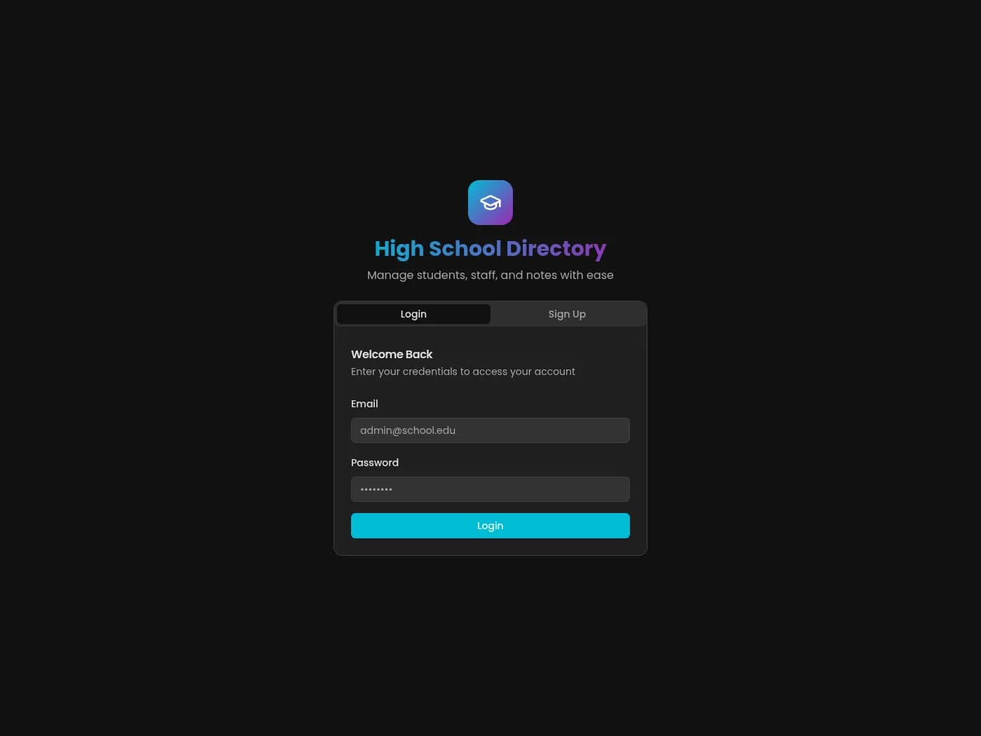 High School Directory: Modern Dark-Themed Student & Staff Management App with Barcode & Notes