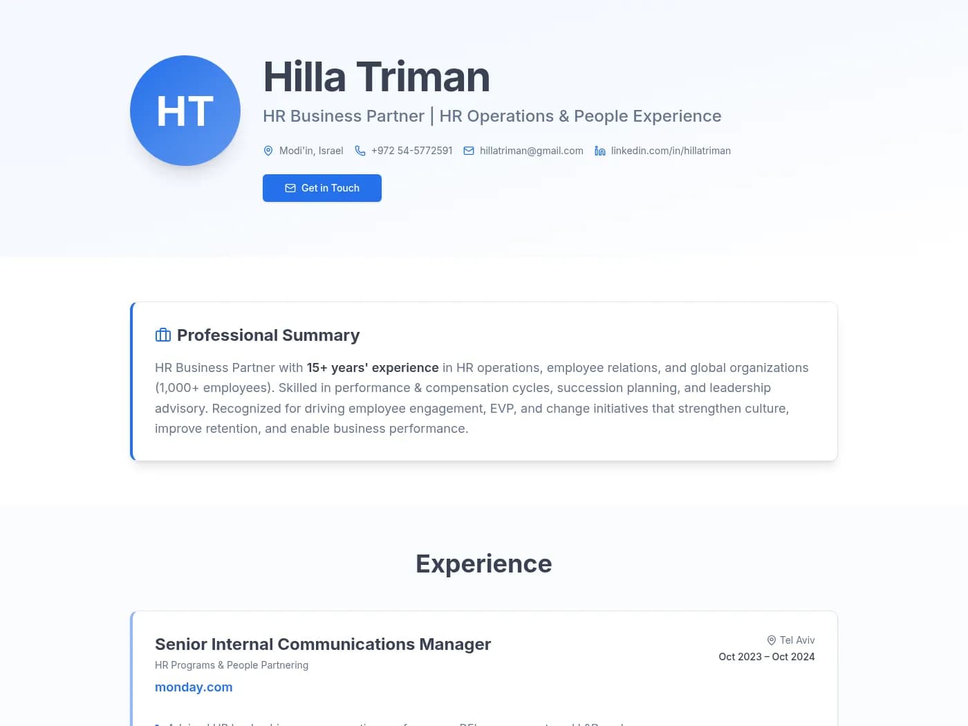 Comprehensive HR Portfolio & Experience Showcase for Hilla Triman