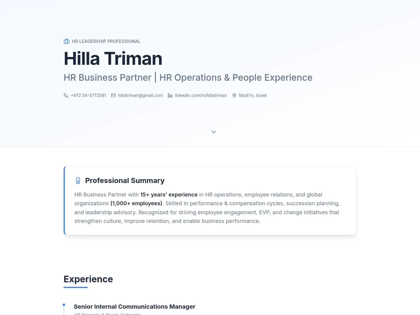 Hilla Triman Professional Portfolio – HR Business Partner & People Experience Leader