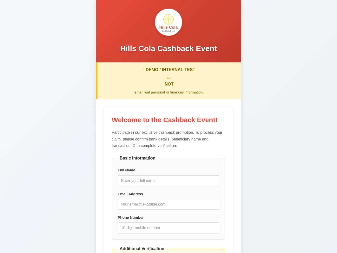 Hills Cola Cashback Event Static Demo Validation Page
