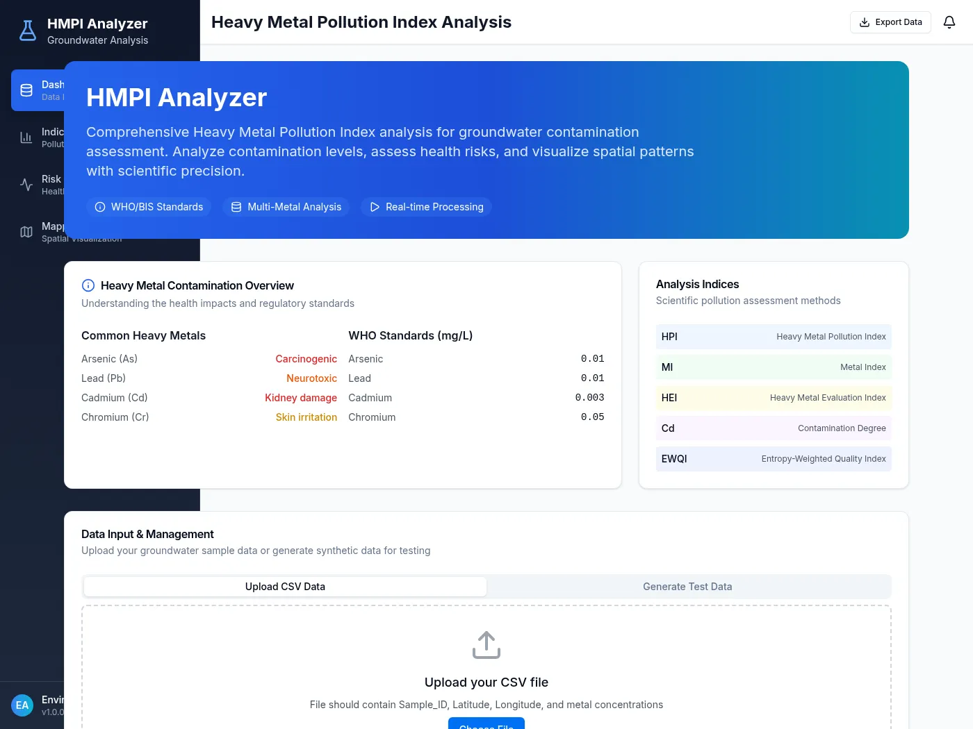 HMPI Analyzer – Comprehensive Heavy Metal Pollution Index Web Tool for Groundwater Analysis