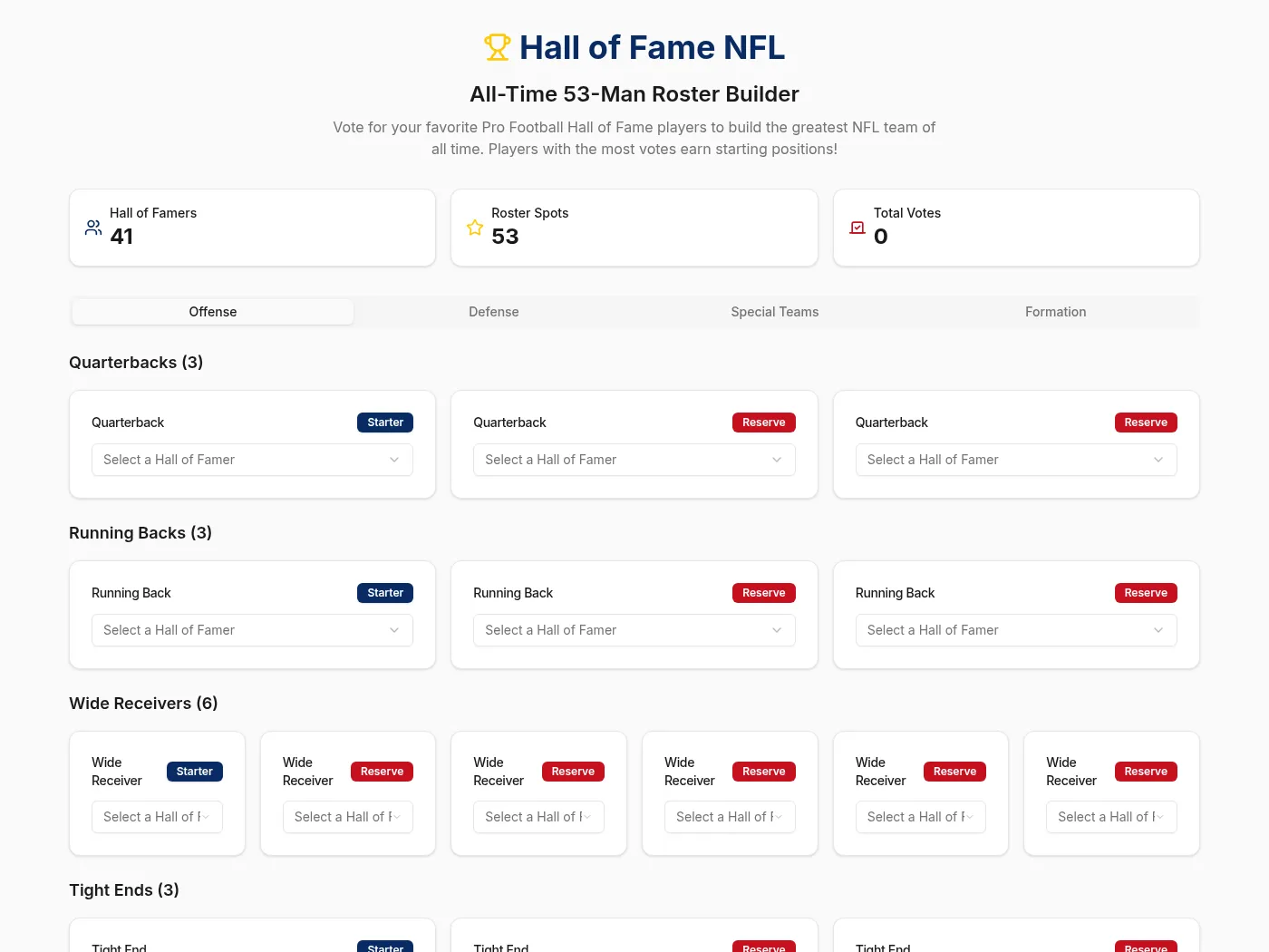 Hall of Fame NFL All-Time 53 Roster Builder