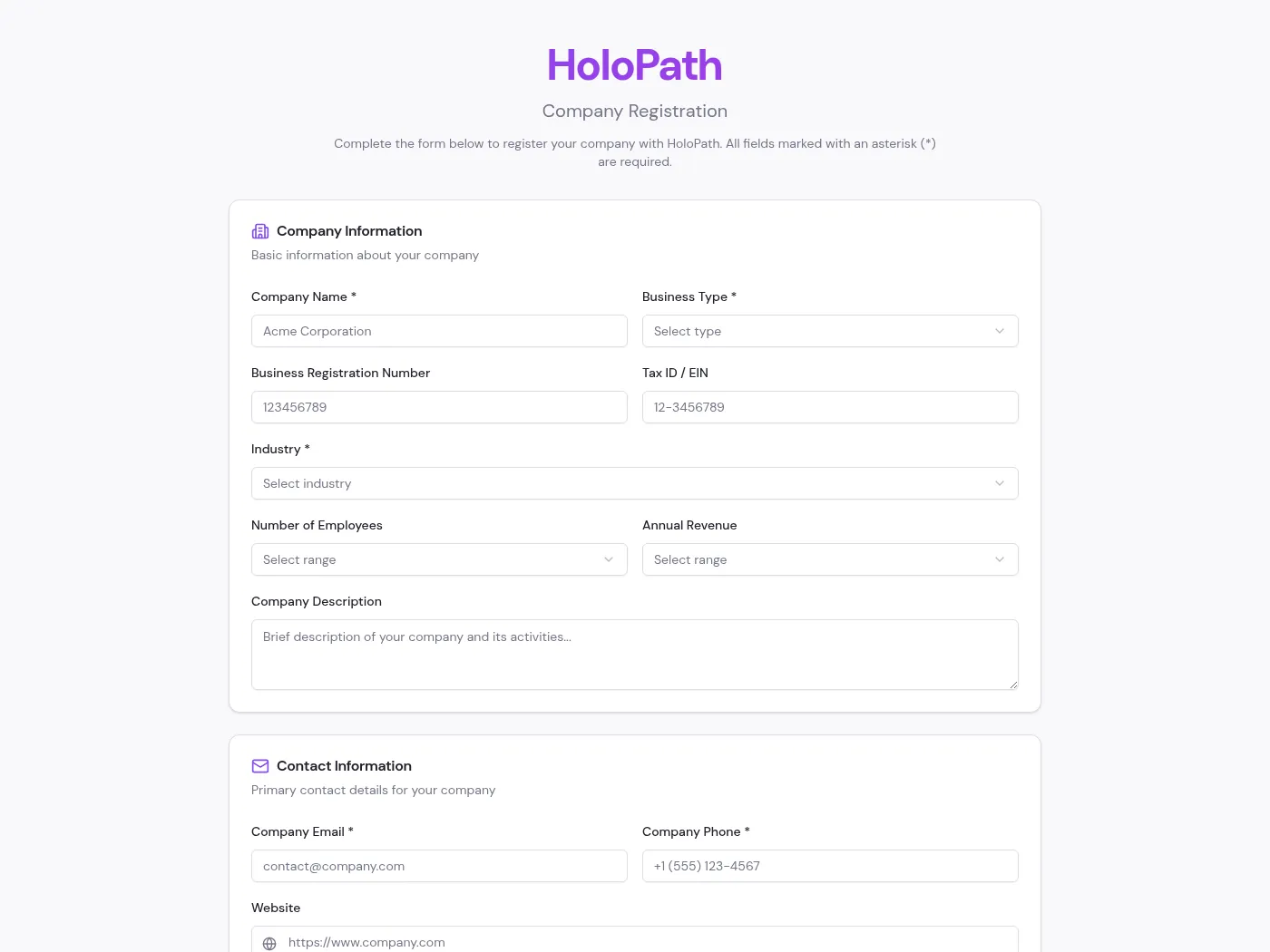 HoloPath Company Registration Form