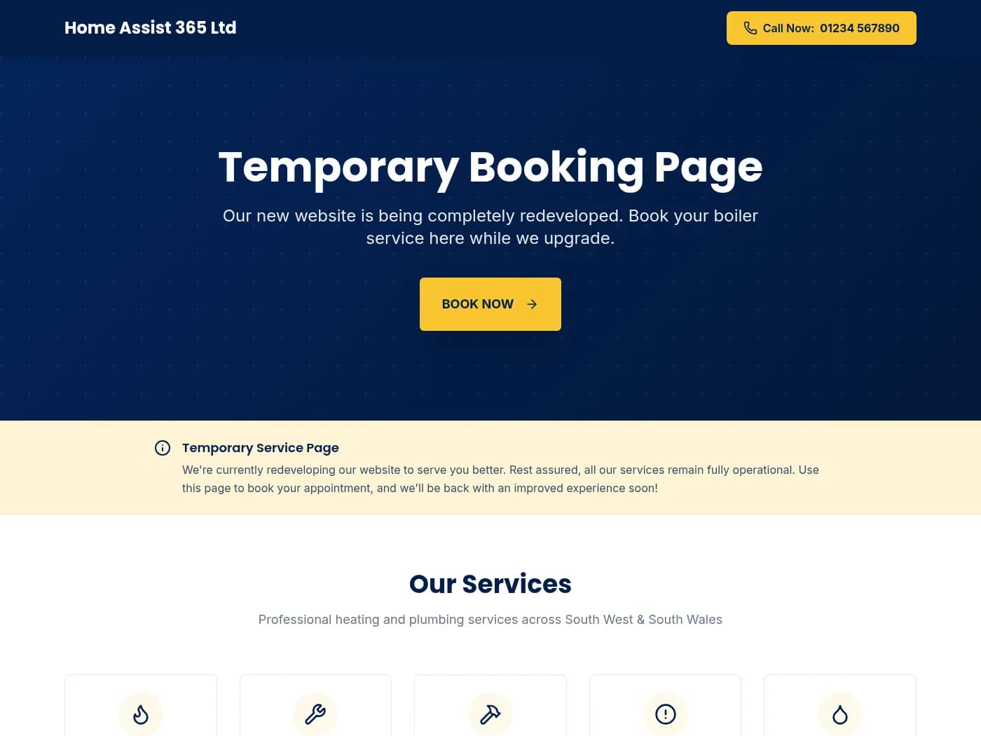 Home Assist 365 Temporary Booking Landing Page