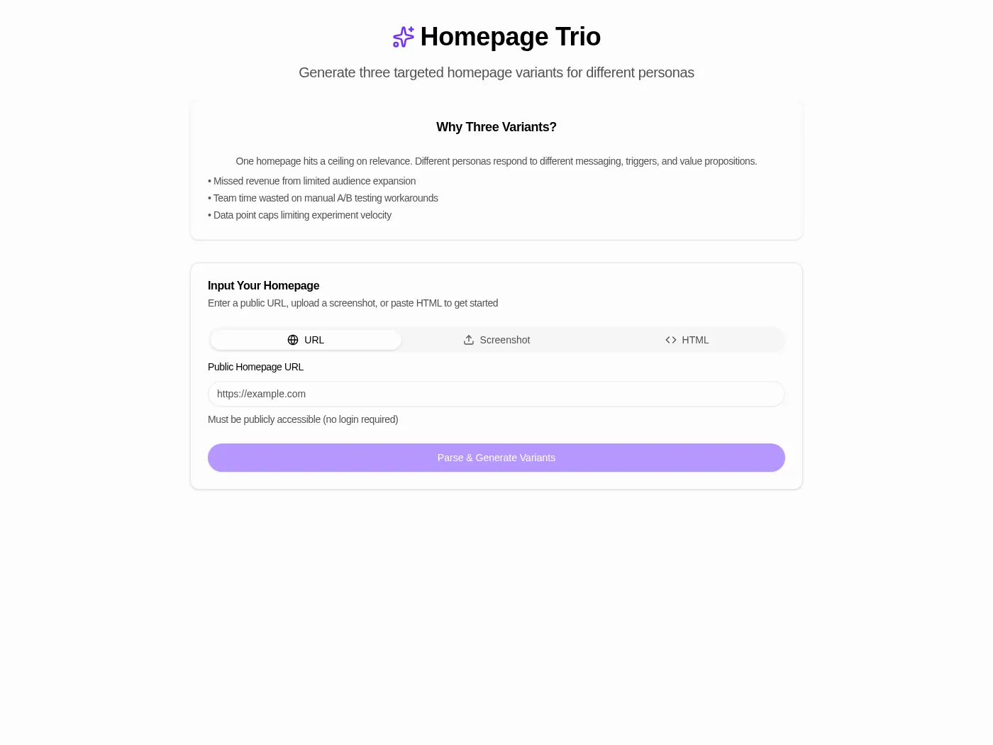 Homepage Trio: Persona-Driven Homepage Variant Generator