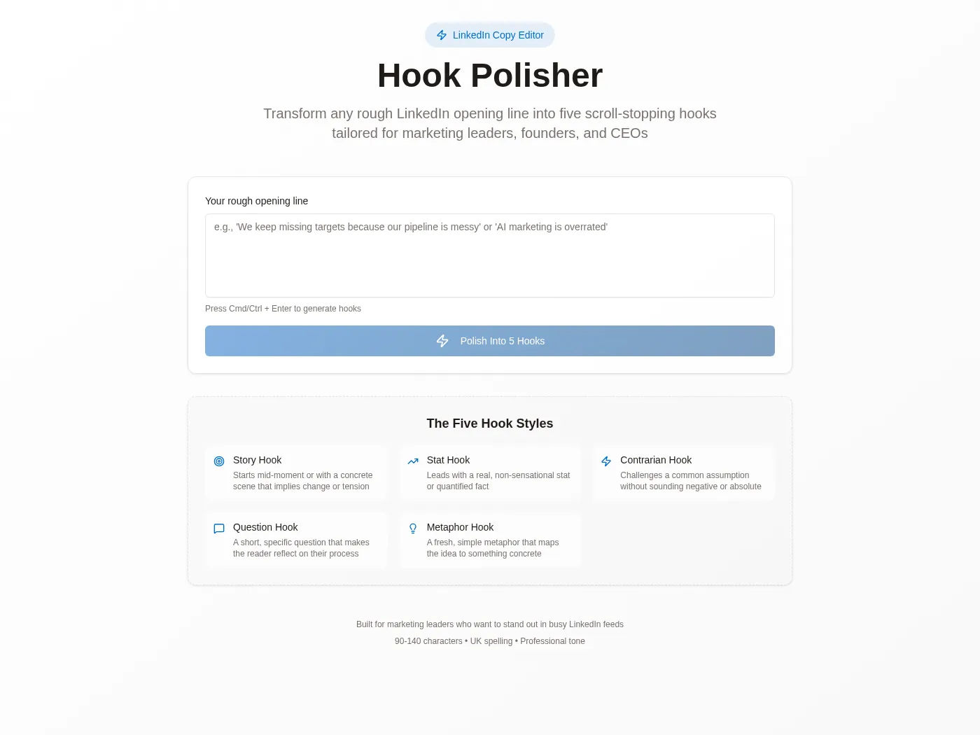 Hook Polisher: Five-Style LinkedIn Opener Generator for Marketing Leaders