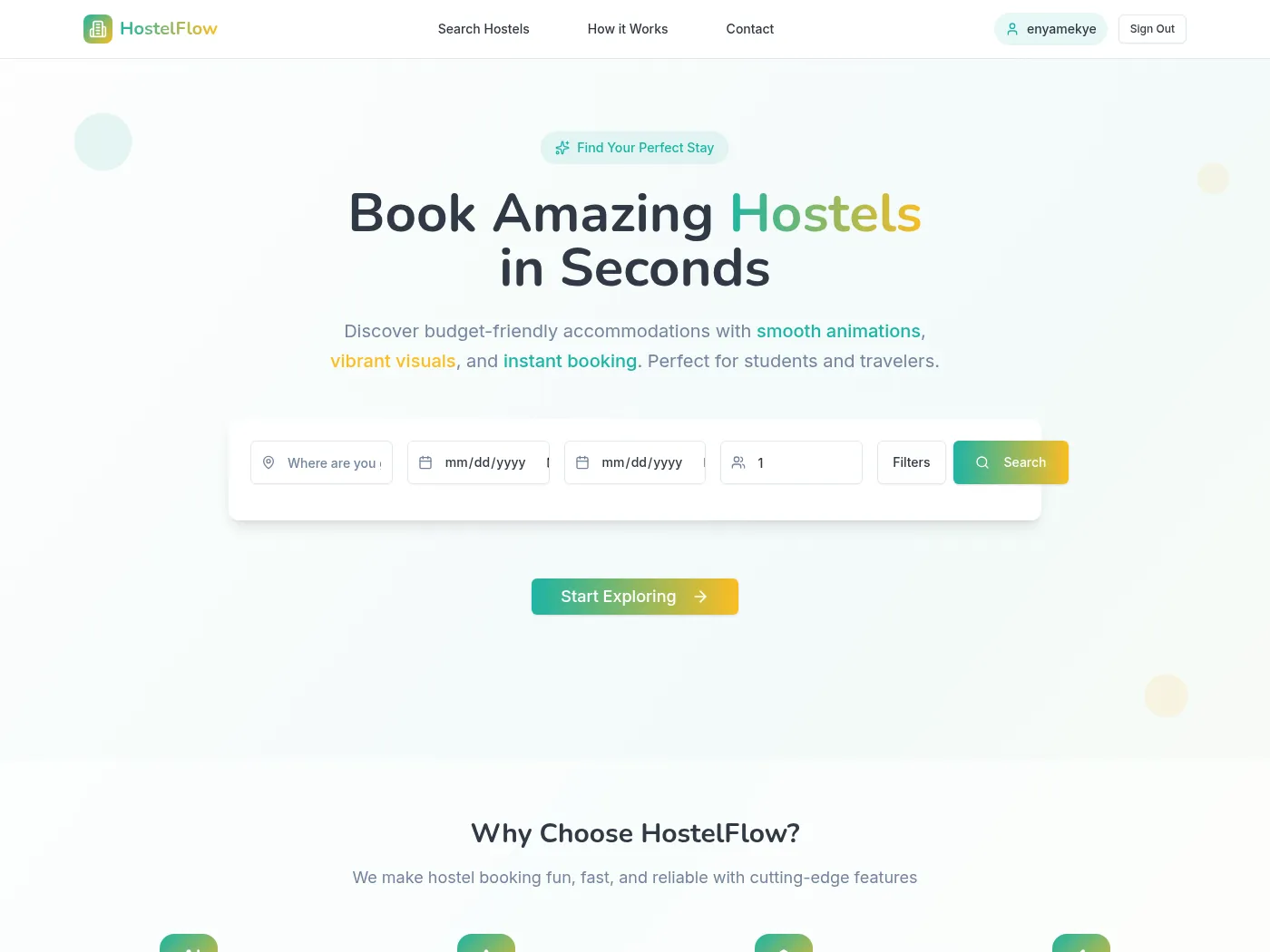 HostelFlow: Animated Hostel Booking Web App