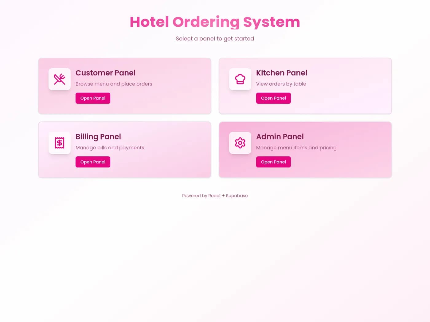 Multi-Panel Hotel Online Ordering Web App