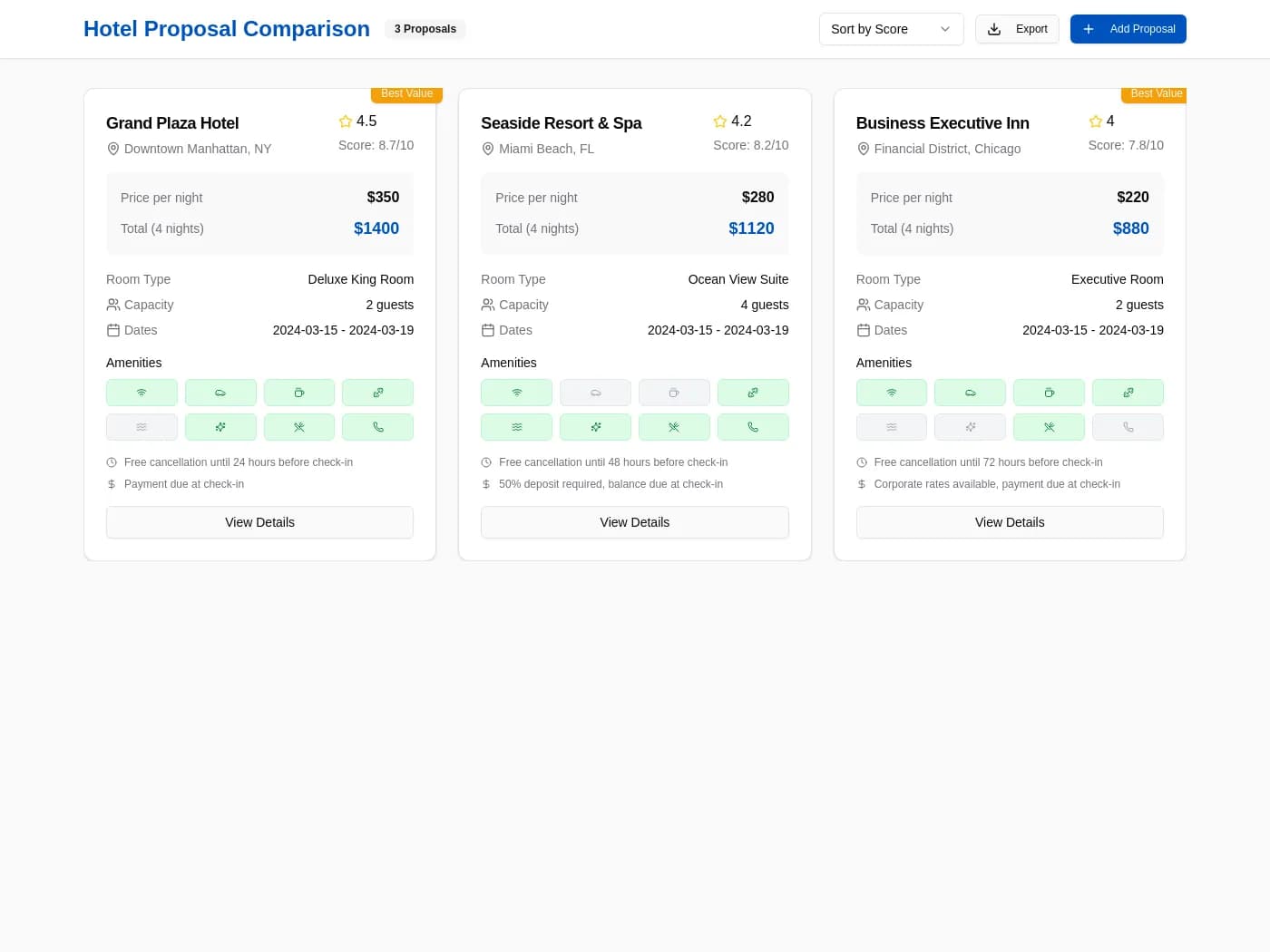 Hotel Proposal Comparison Matrix