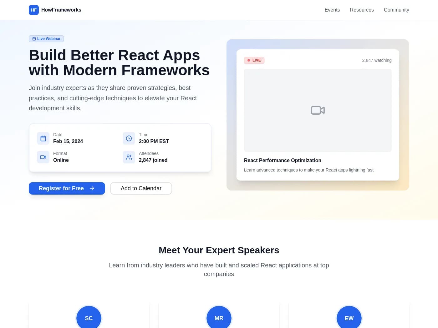 HowFrameworks Webinar Event Page Redesign