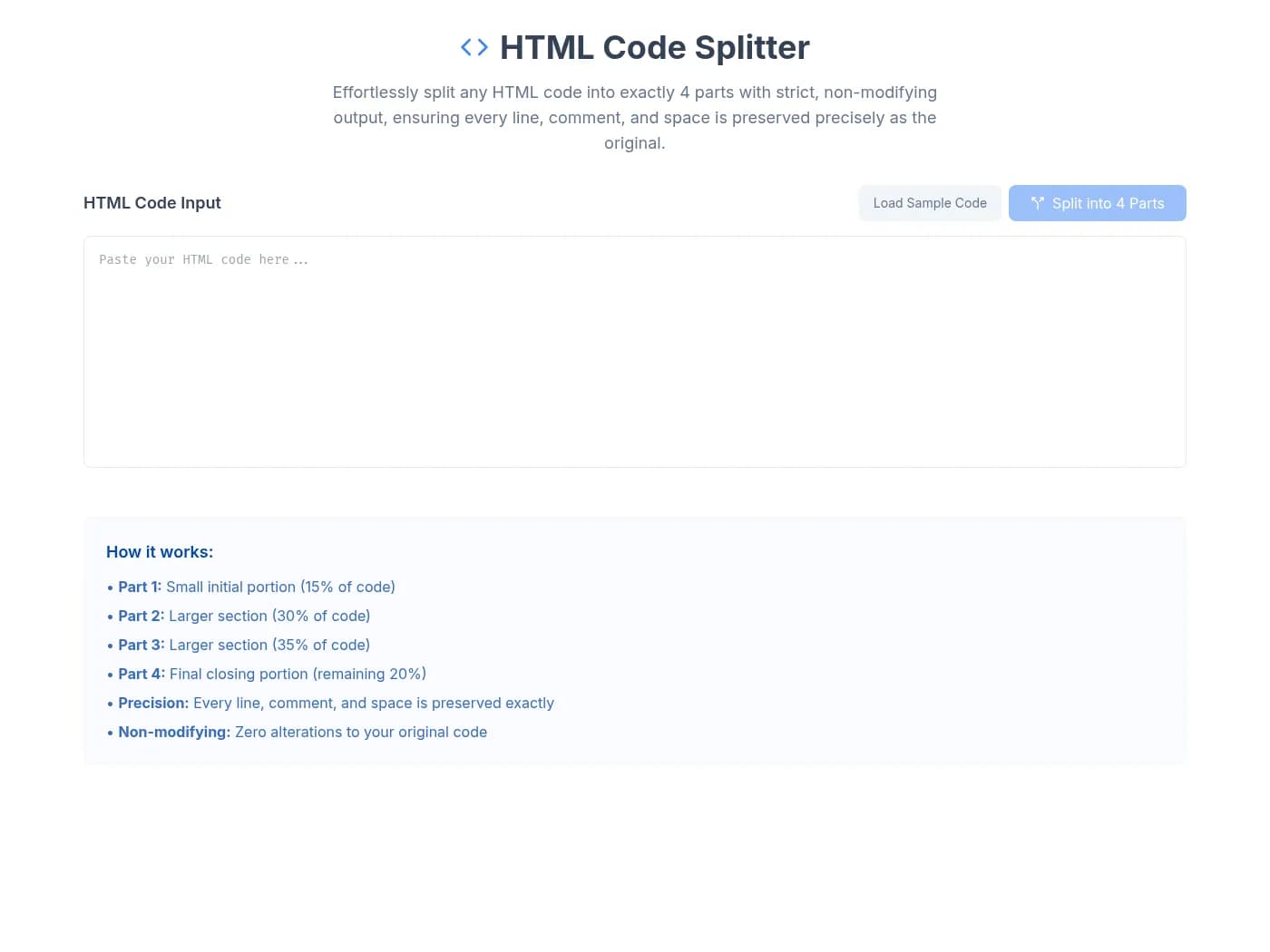 HTML Code Splitter - Exact Non-Modifying Part Generator