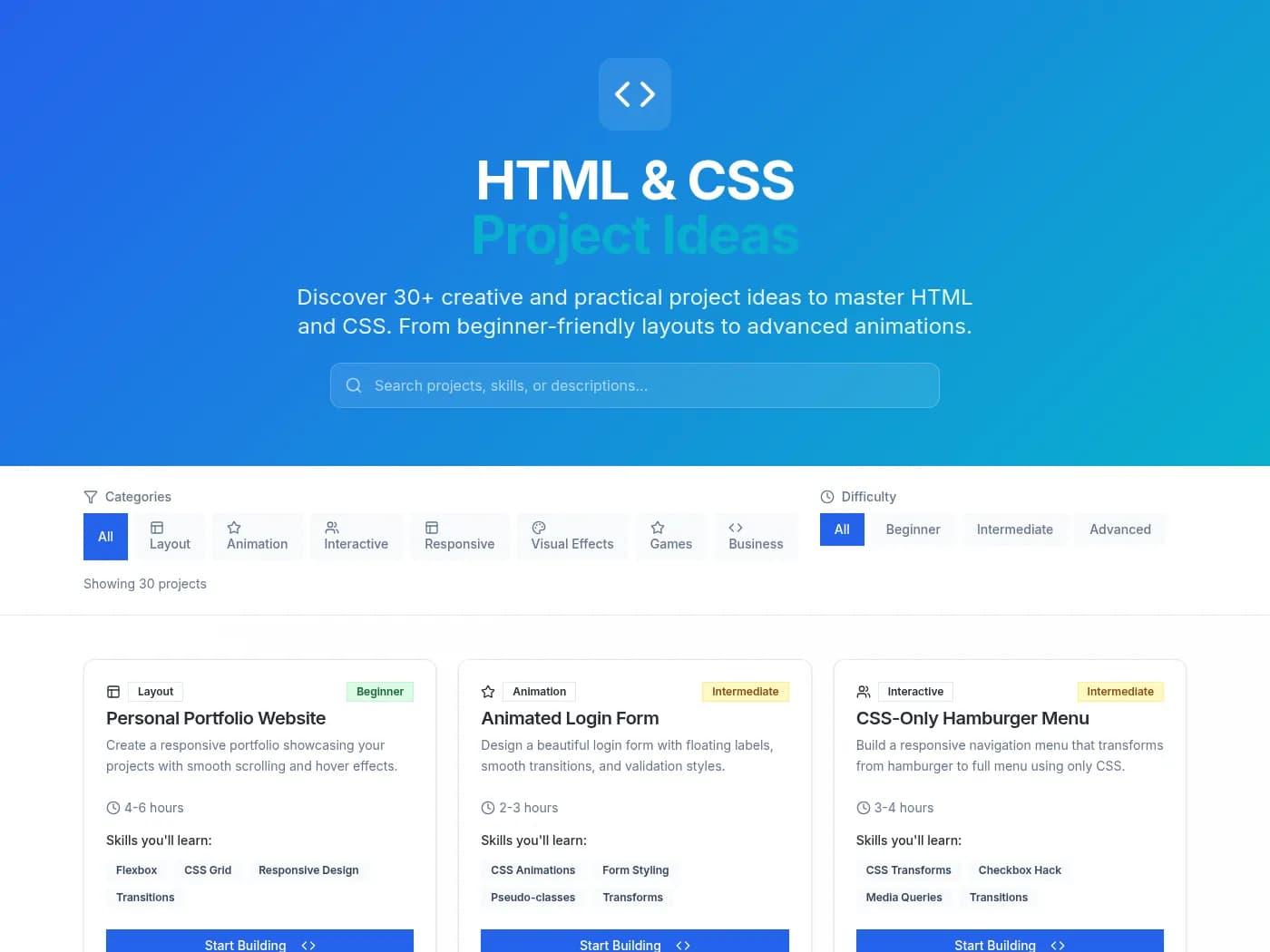 Creative HTML & CSS Project Ideas List